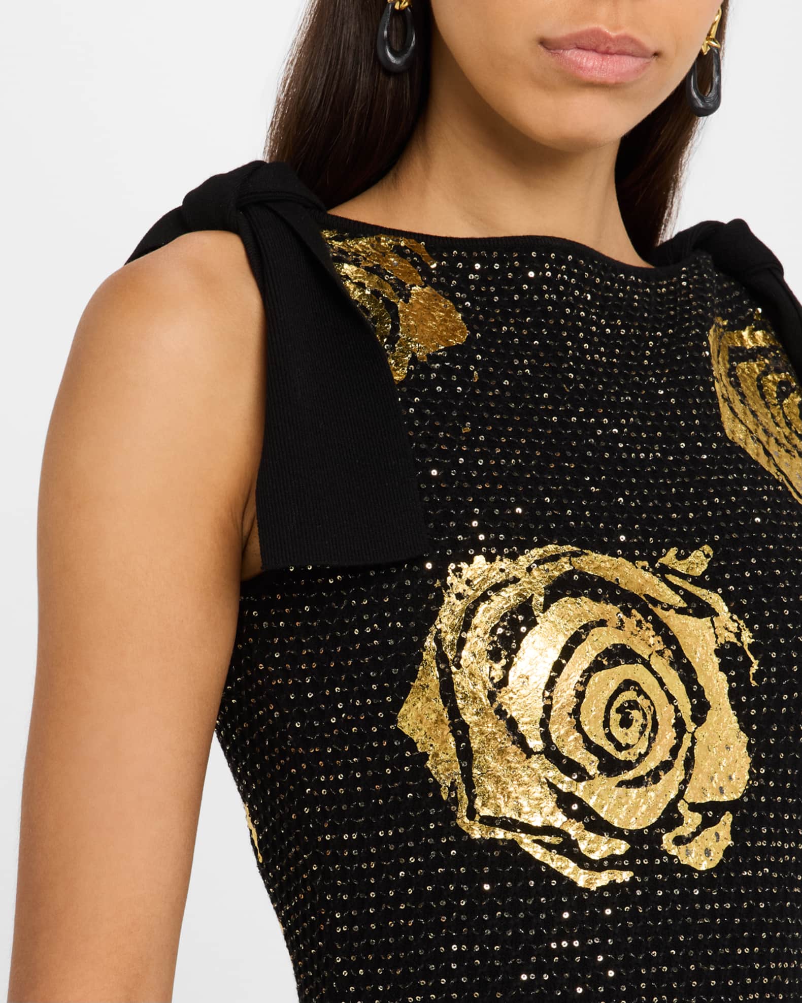 Oscar de la Renta Foil Rose Tie Sleeveless Paillette Knit Mini Dress ...