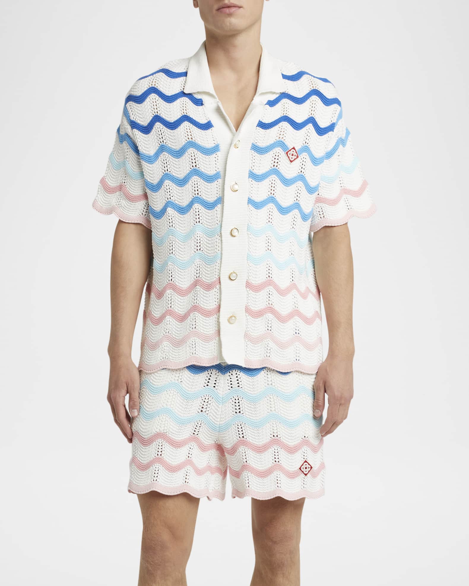 CASABLANCA Men's Crochet Wave Stripe Short-Sleeve Shirt CASABLANCA Men's Crochet Wave Stripe Short-Sleeve Shirt