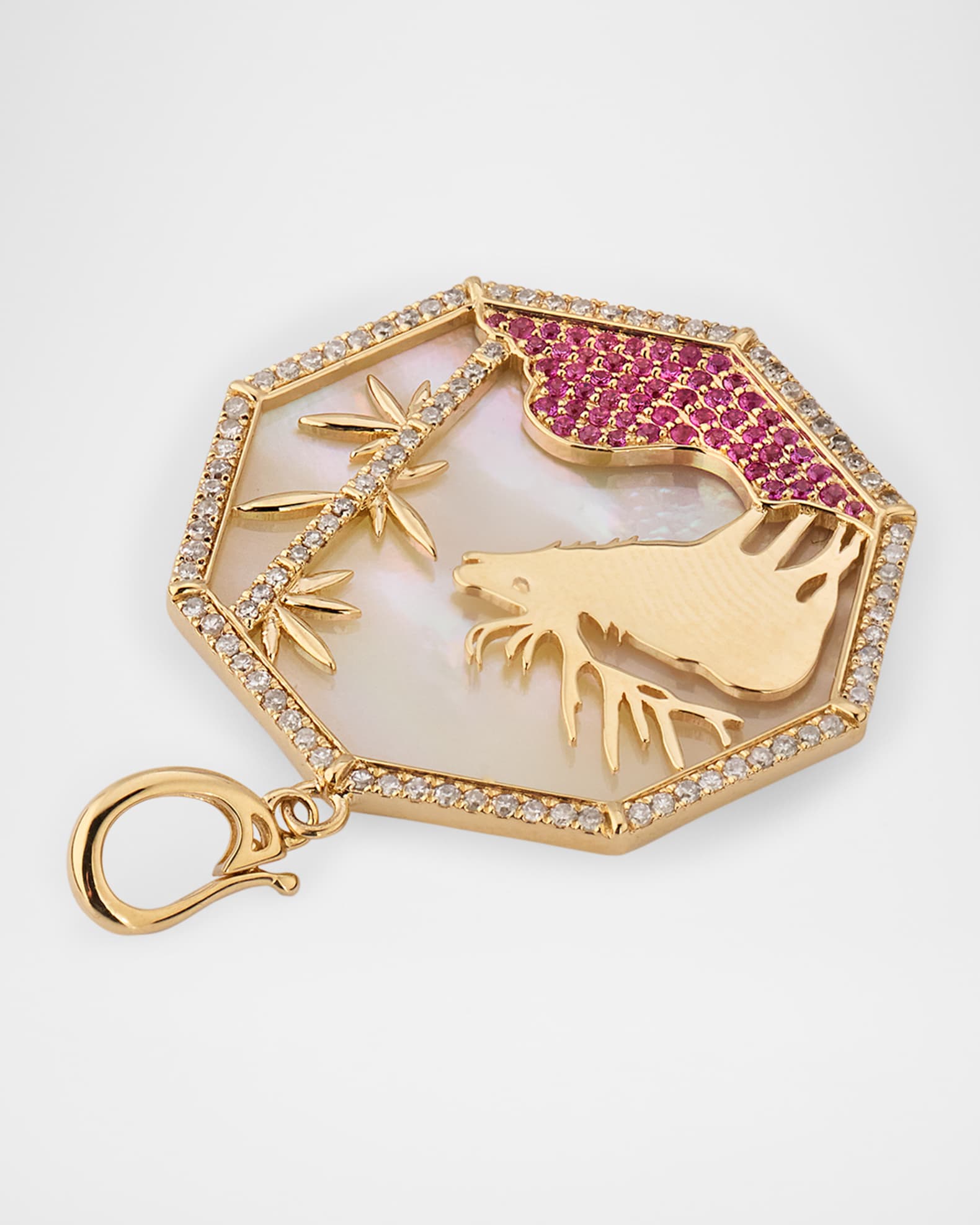 Kastel Jewelry 14K Yellow Gold Summit Octagon Moose Pendant with Diamonds, Pink Sapphires, and ...