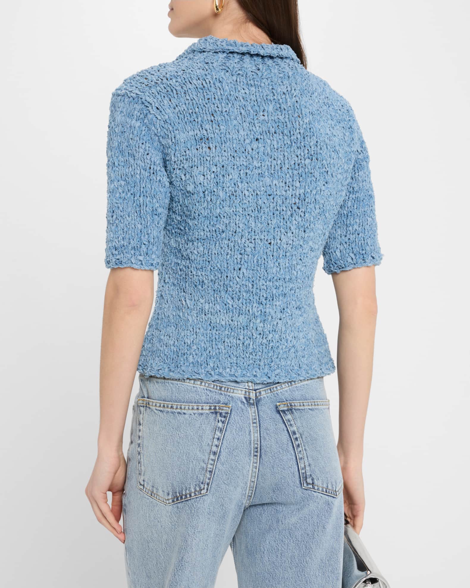Ganni Hand-Knit Denim Polo Top | Neiman Marcus