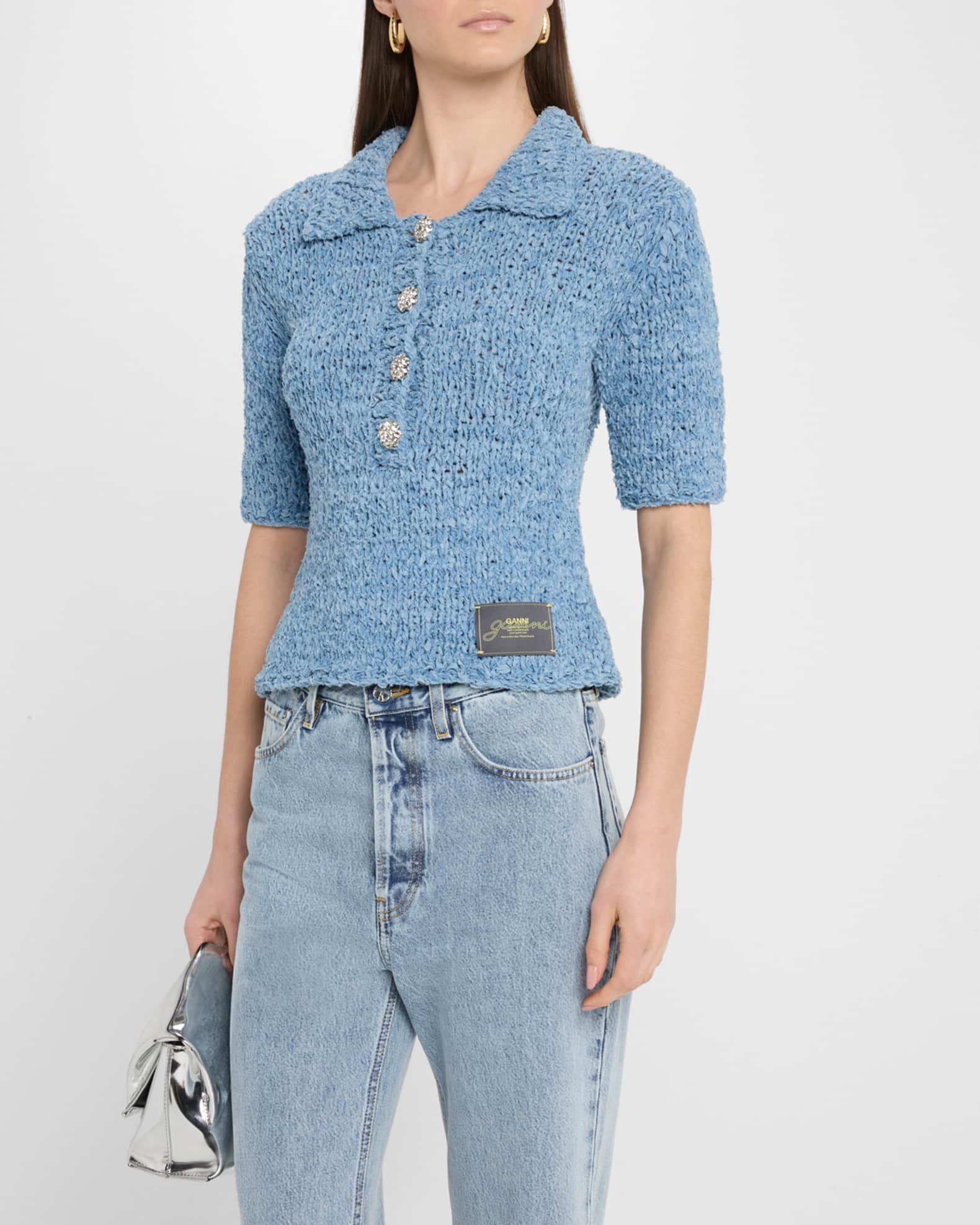 Ganni Hand-Knit Denim Polo Top | Neiman Marcus
