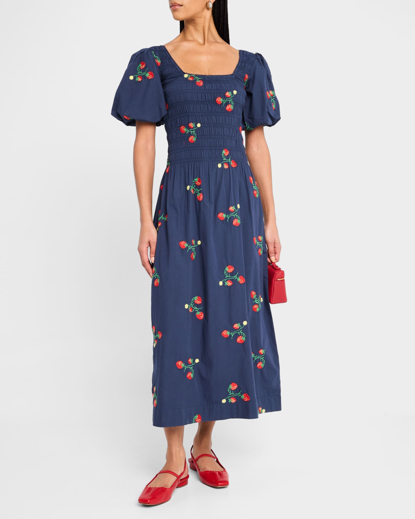 Damson Madder Lauren Strawberry Puff-Sleeve Midi Dress | Neiman Marcus