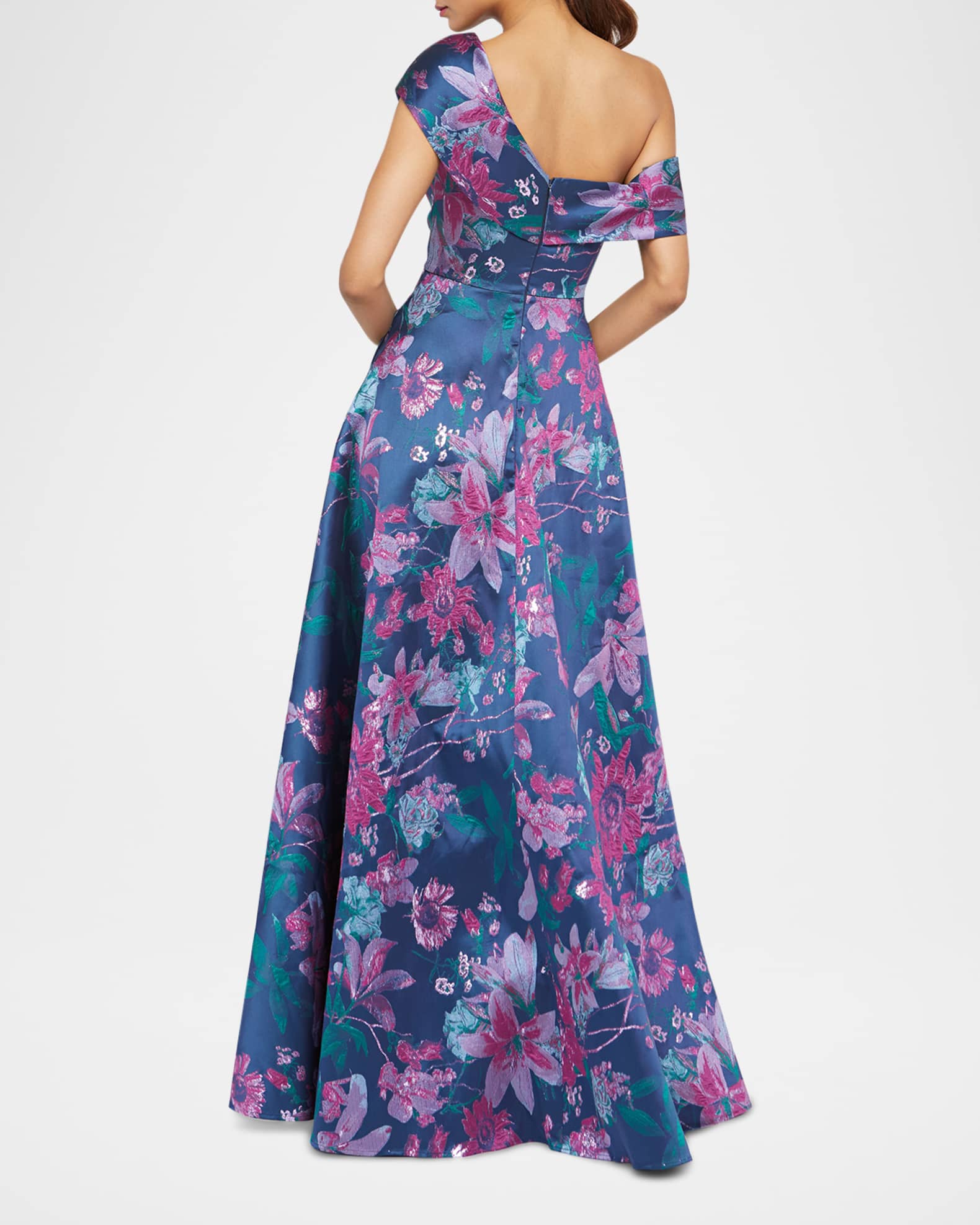 Theia Angelica Asymmetric Floral-Print Gown | Neiman Marcus