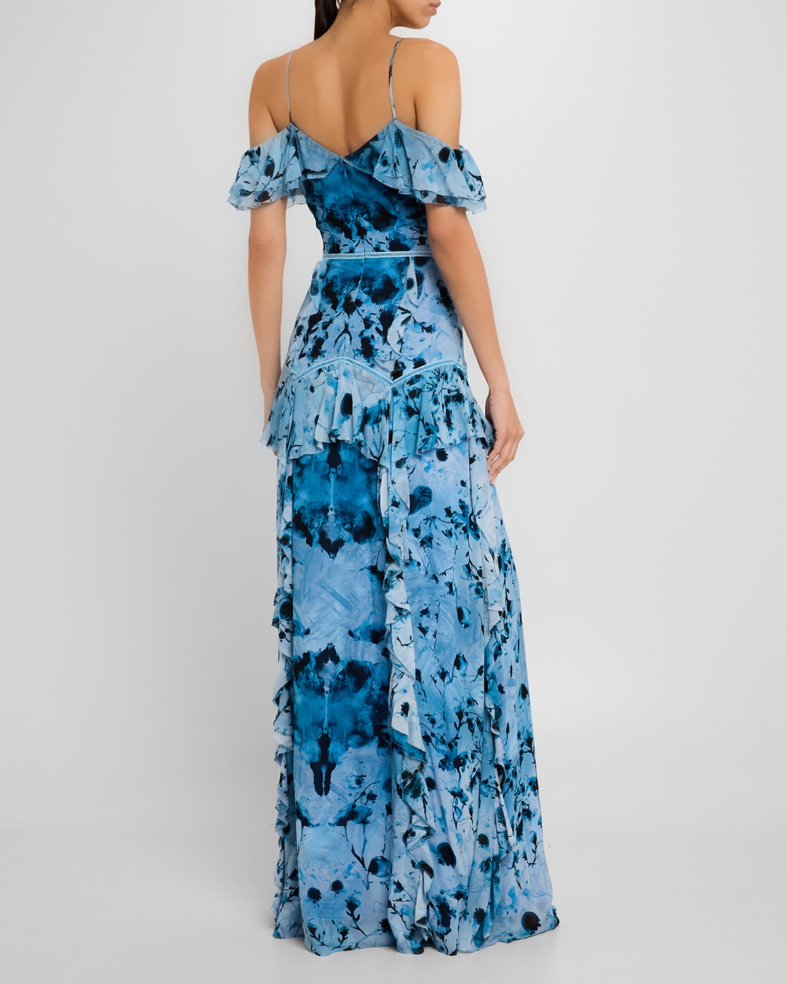 Marchesa Notte Cold-Shoulder Ruffle Chiffon Gown | Neiman Marcus