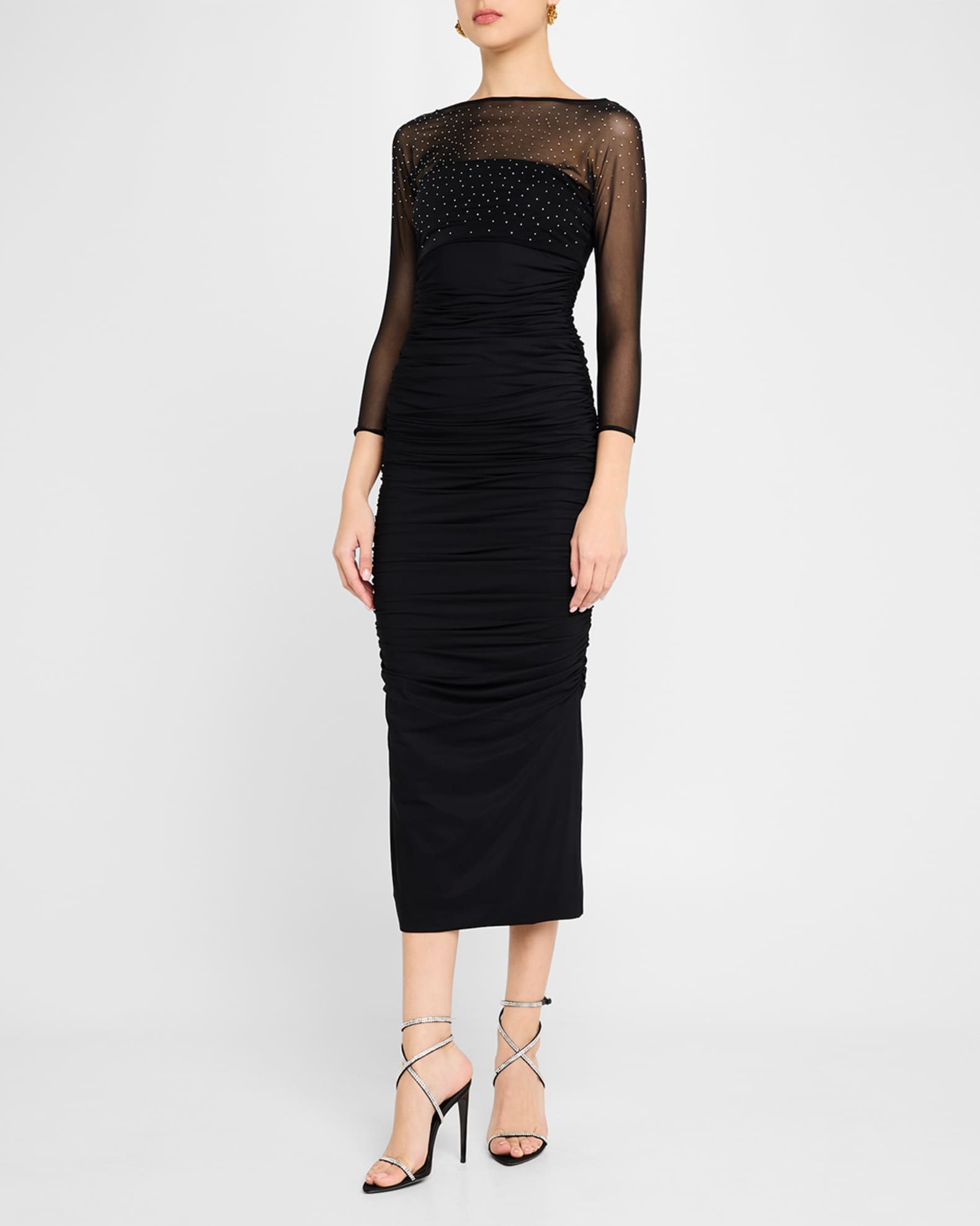 Chiara Boni La Petite Robe Gyun Ruched Rhinestone Illusion Midi Dress ...