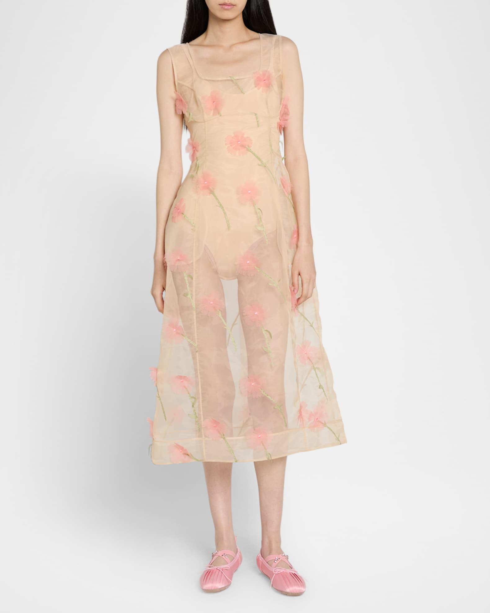 Simone Rocha Balconette Bust Sheer Midi Dress | Neiman Marcus
