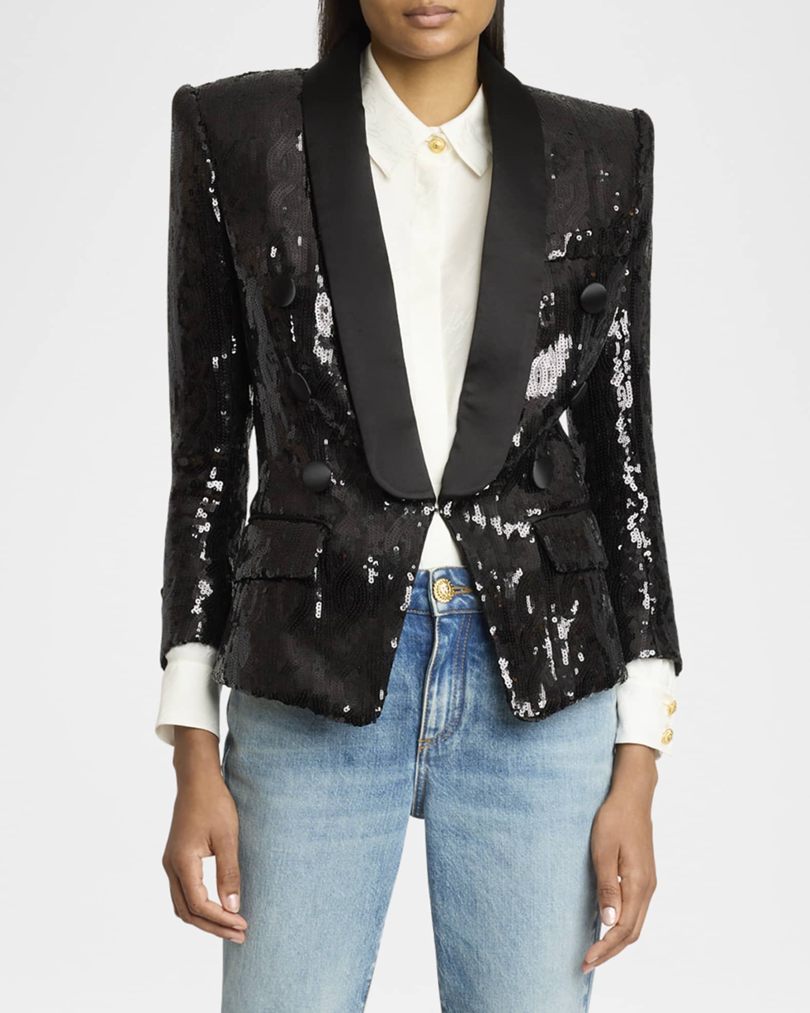 Balmain Sequined Double-Breasted Satin Tailored Jacket | Neiman Marcus