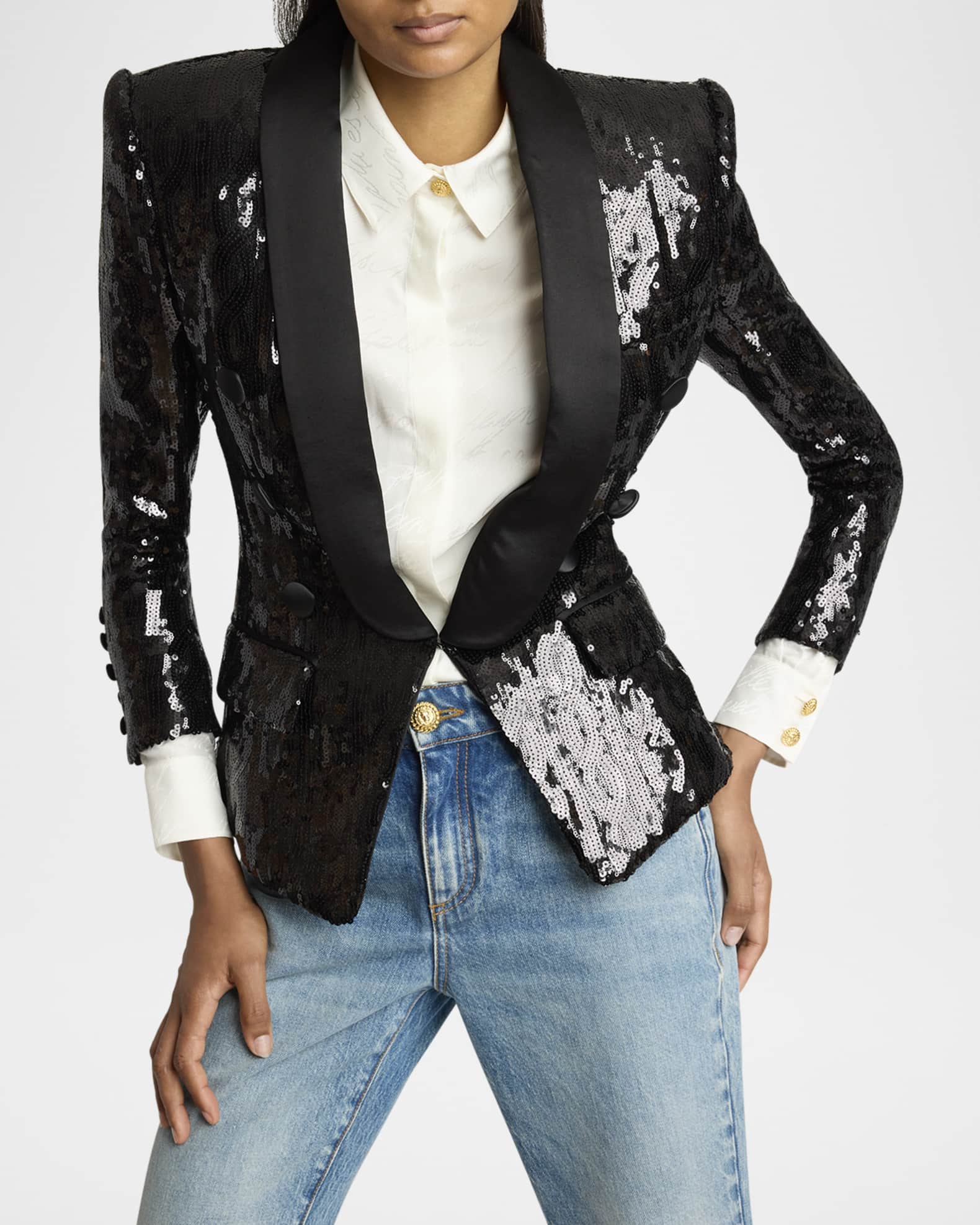 Balmain Sequined Double-Breasted Satin Tailored Jacket | Neiman Marcus