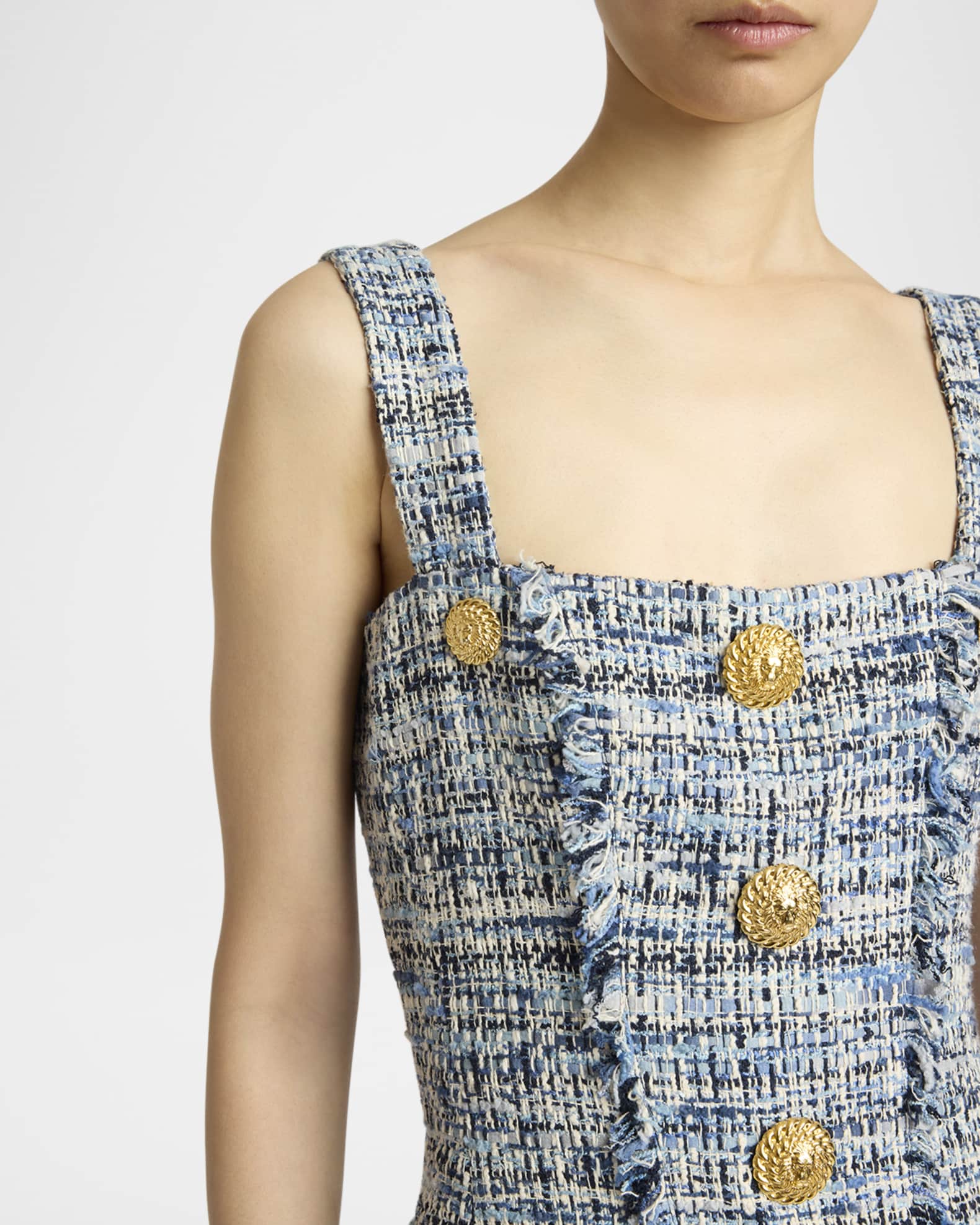 Balmain Sleeveless Button-Front Tweed Mini Dress | Neiman Marcus