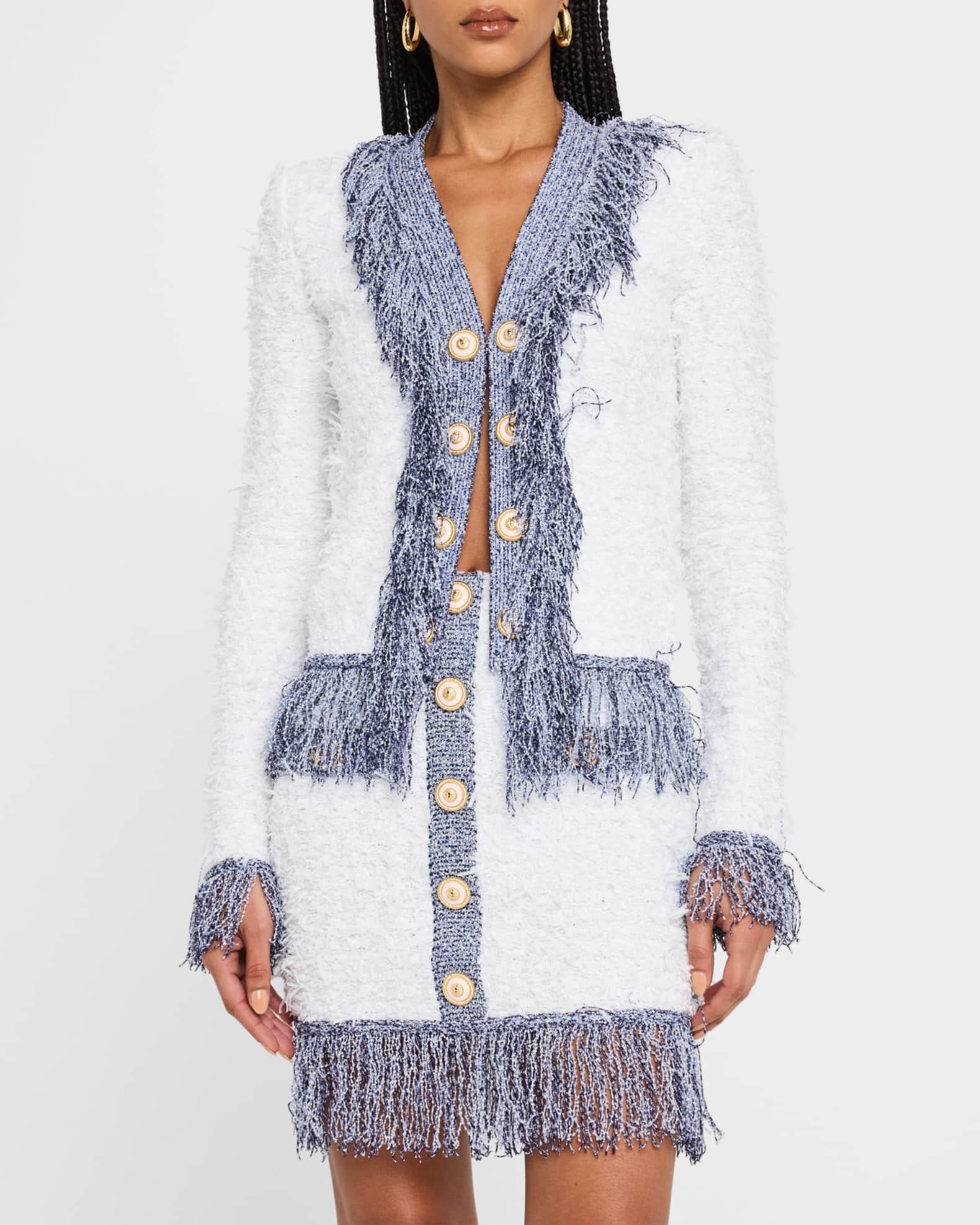 Balmain Collarless Metallic Fringed Tweed Jacket | Neiman Marcus