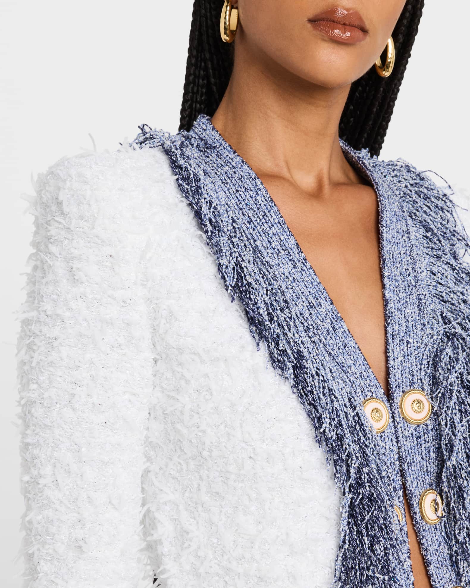Balmain Collarless Metallic Fringed Tweed Jacket | Neiman Marcus