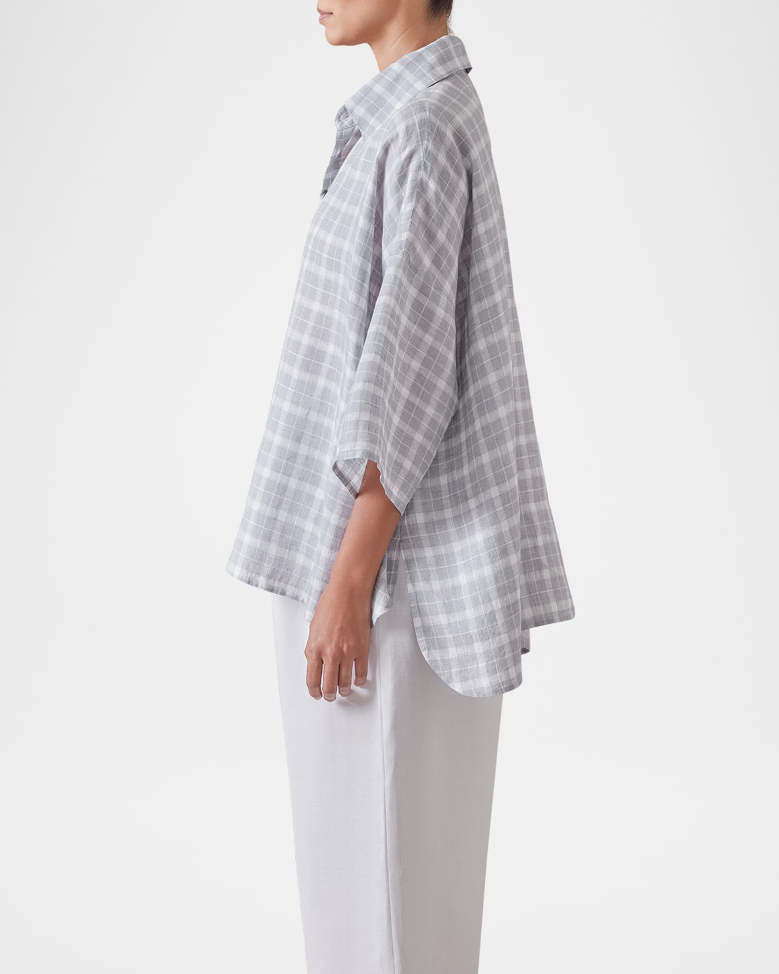 Eskandar Sloped-Shoulder Wide A-Line Short-Sleeve Shirt With Collar ...