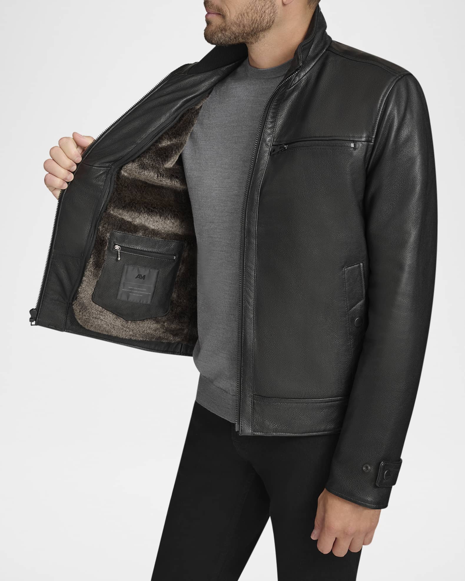 Andrew Marc Men's Leather Jacket with Removable Faux Fur Lining ...
