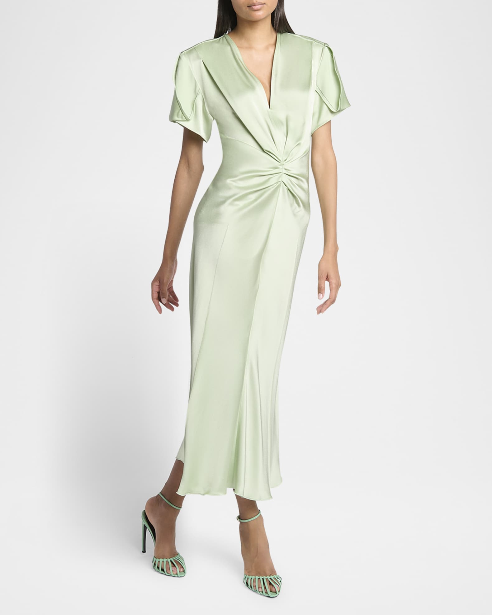 Victoria Beckham Gathered V-Neck Midi Dress | Neiman Marcus