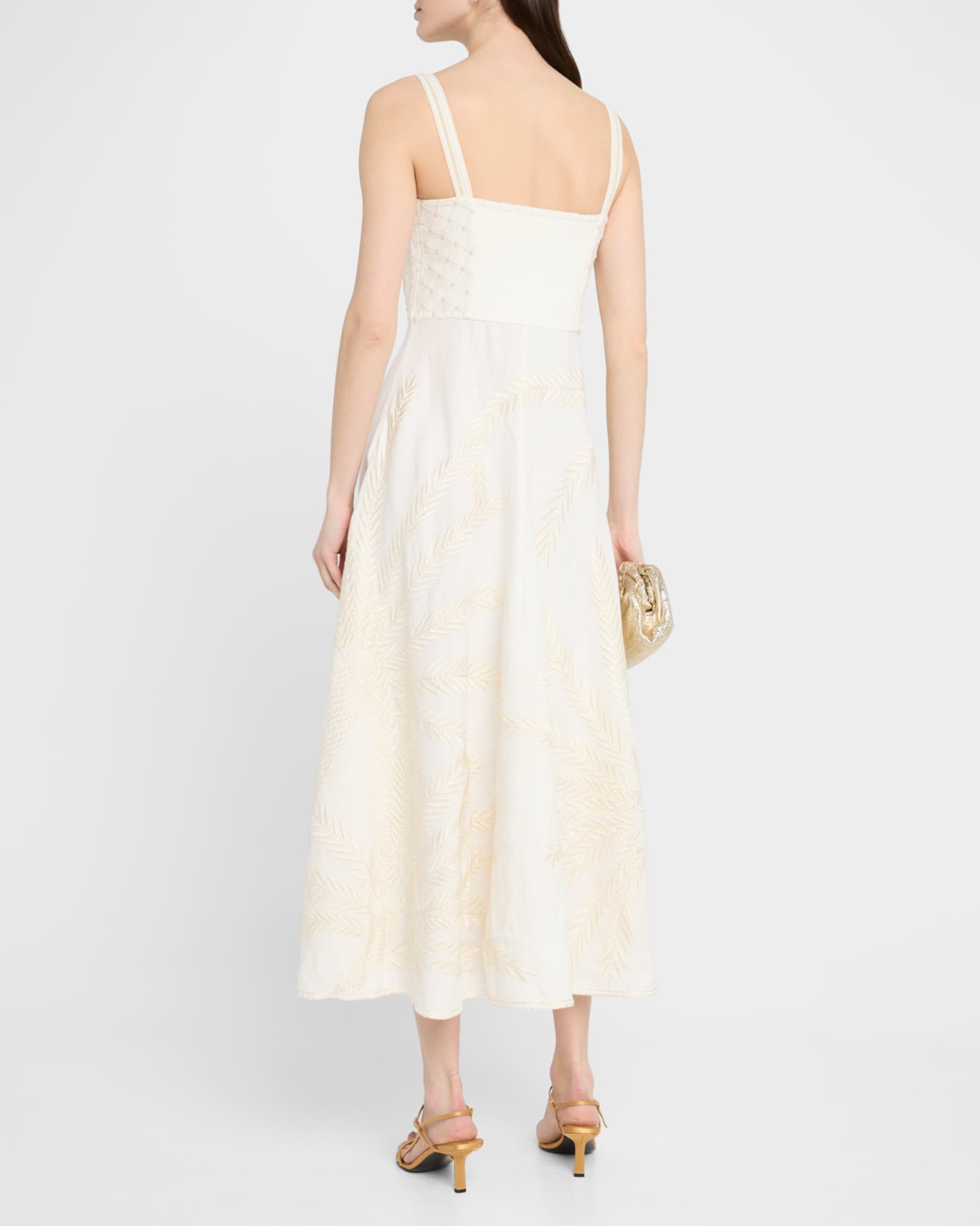 EMPORIO SIRENUSE Anabel Palm Embroidered Linen Midi Dress | Neiman Marcus