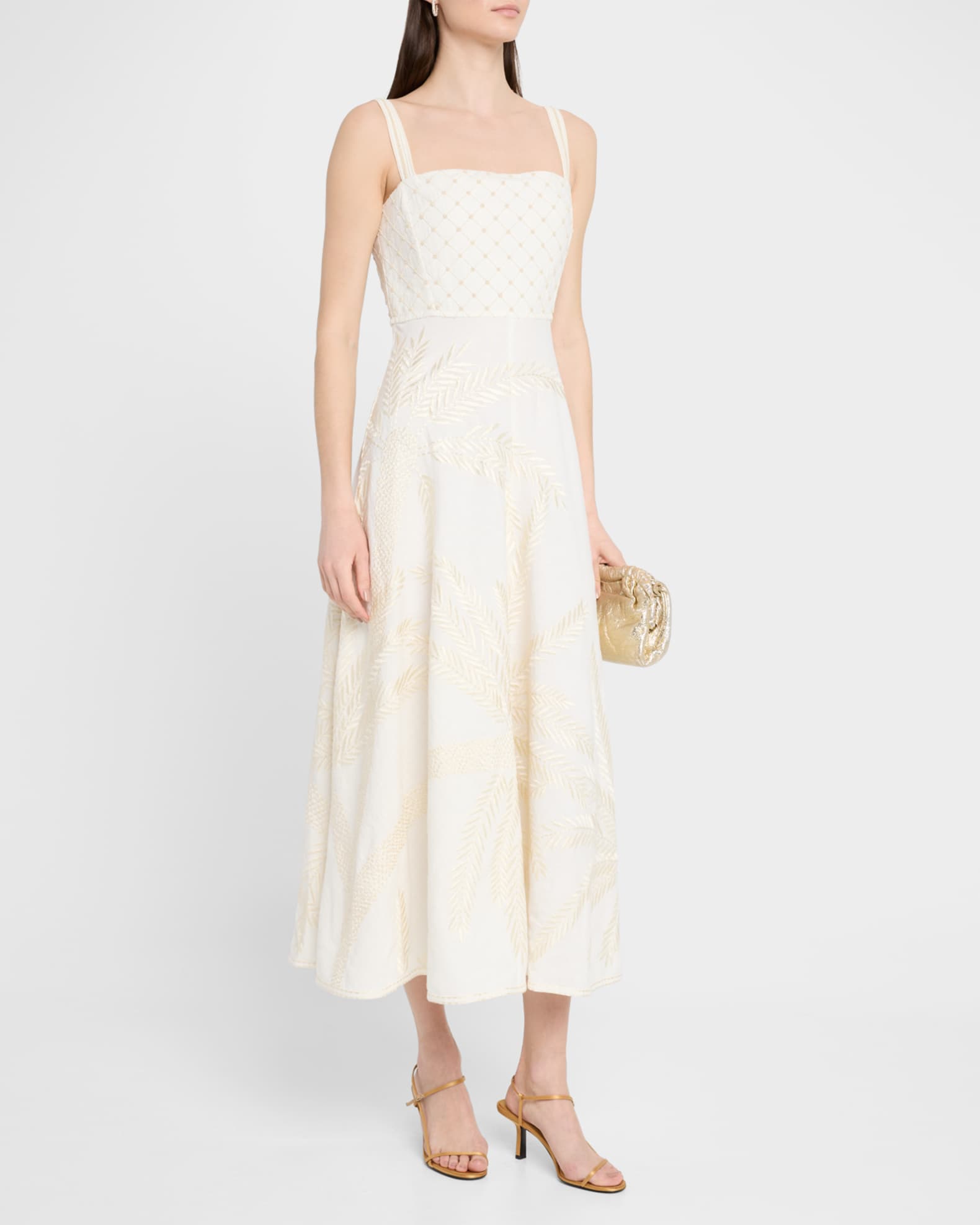 EMPORIO SIRENUSE Anabel Palm Embroidered Linen Midi Dress | Neiman Marcus