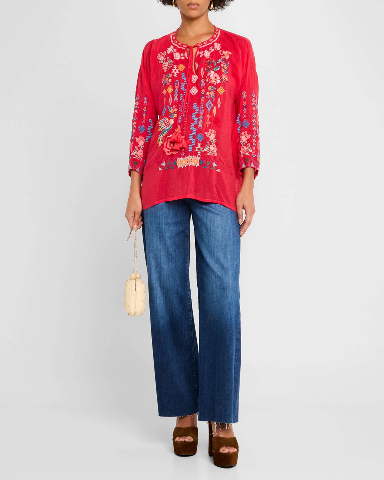 Johnny Was Margot Embroidered Tie-Neck Blouse | Neiman Marcus