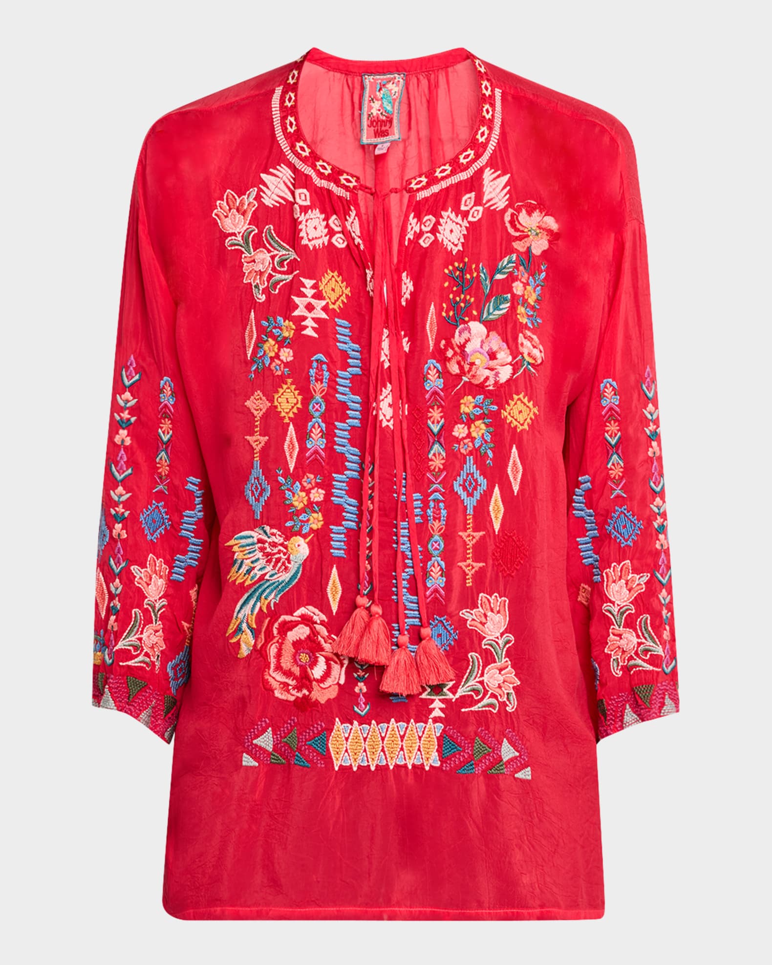 Johnny Was Margot Embroidered Tie-Neck Blouse | Neiman Marcus