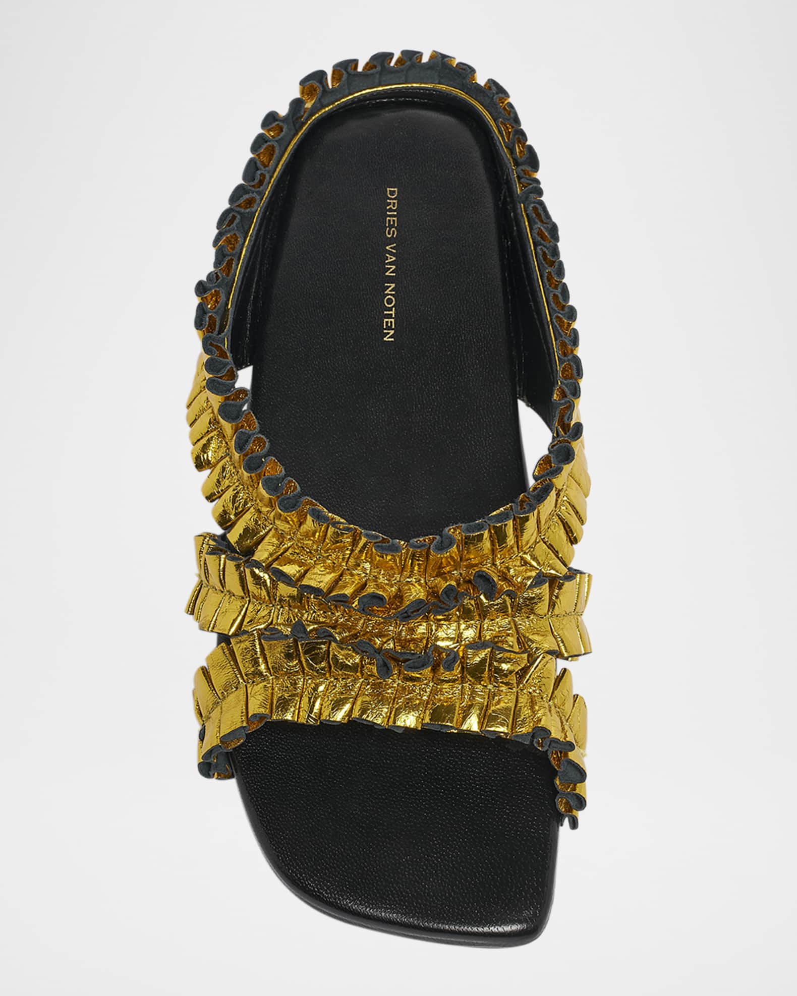 Dries Van Noten Metallic Ruche Ruffled Leather Flat Sandals | Neiman Marcus