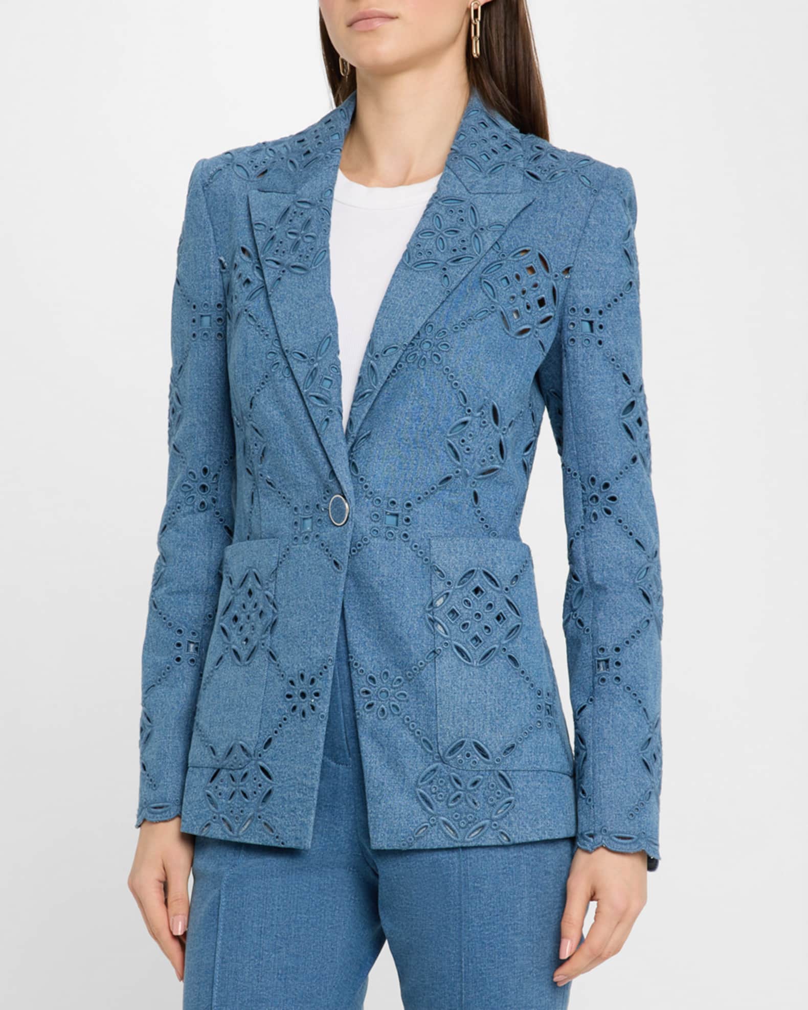 Veronica Beard Naira Single-Button Eyelet Denim Jacket | Neiman Marcus