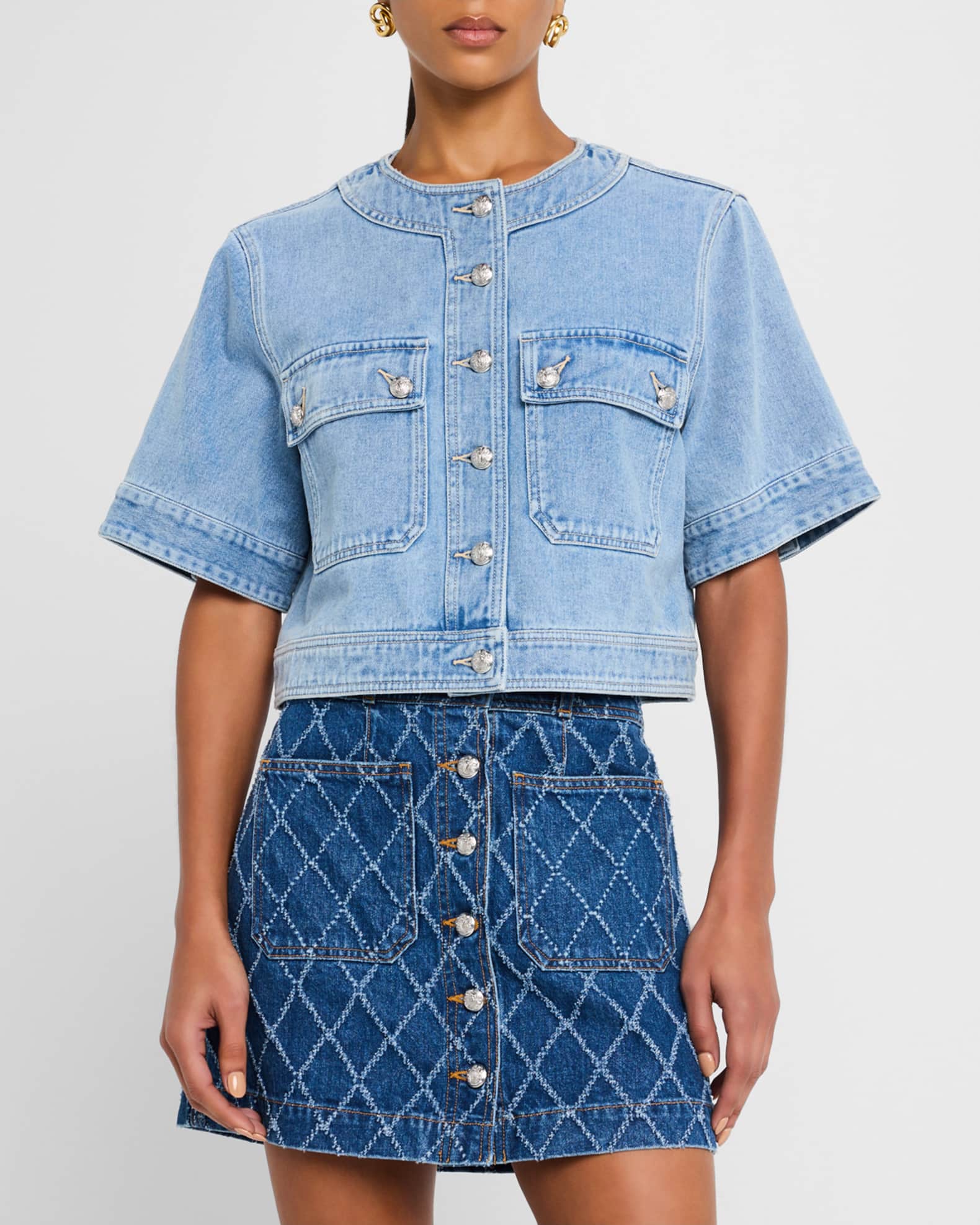 Veronica Beard Elias Short-Sleeve Denim Jacket | Neiman Marcus
