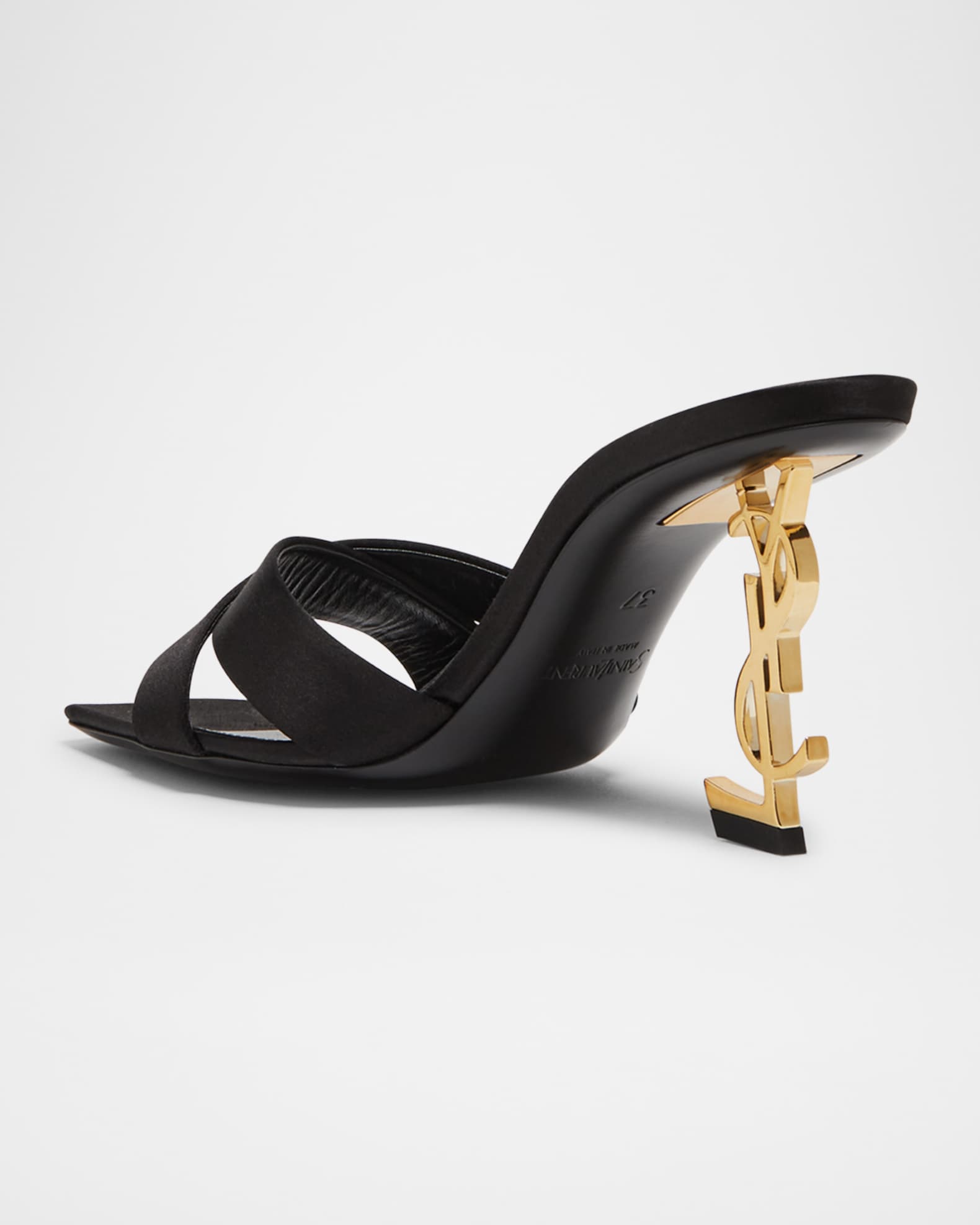 Saint Laurent Opyum YSL Logo-Heel Satin Slide Sandals | Neiman Marcus