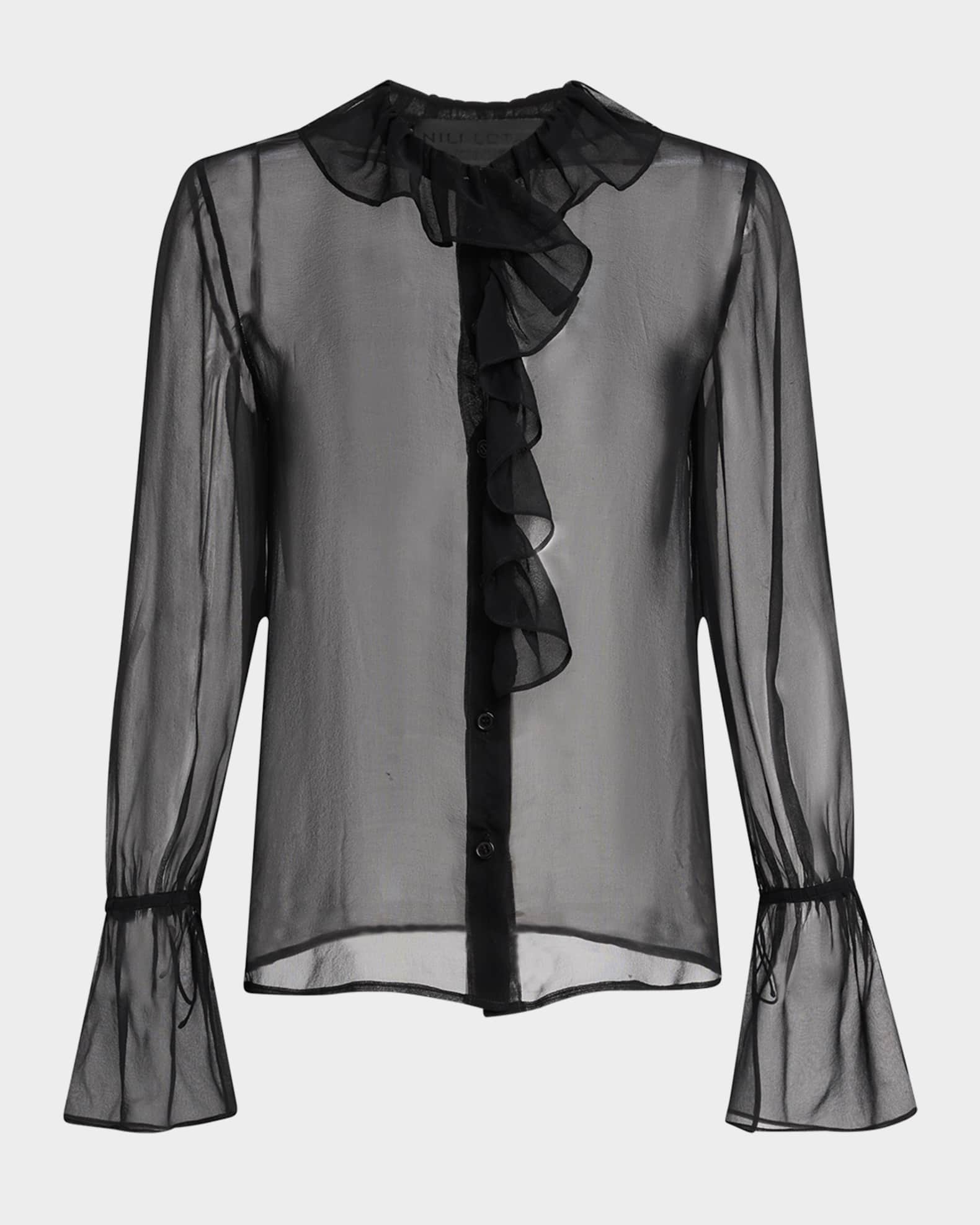 Nili Lotan Kris Silk Sheer Ruffle Front Blouse | Neiman Marcus