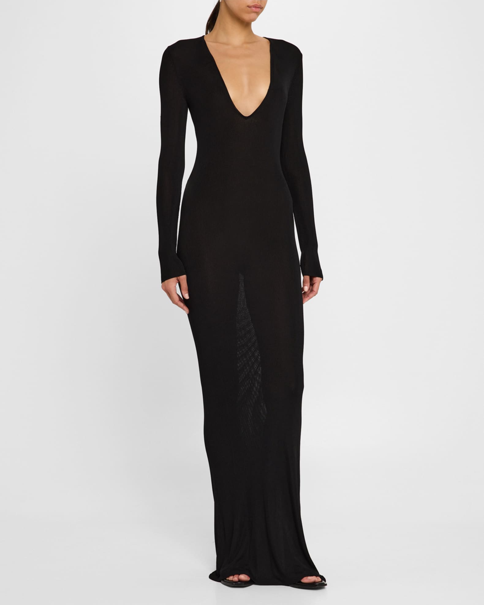 Nili Lotan Jean Plunging Long-Sleeve Rib Maxi Dress | Neiman Marcus