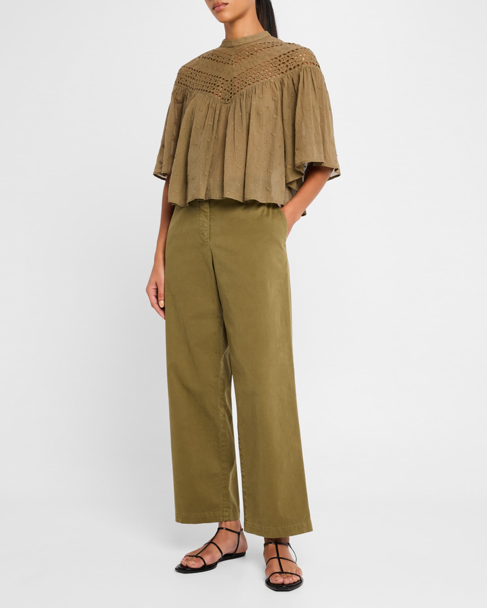 Nili Lotan Mikki Eyelet Yoke Washed Cotton Blouse | Neiman Marcus
