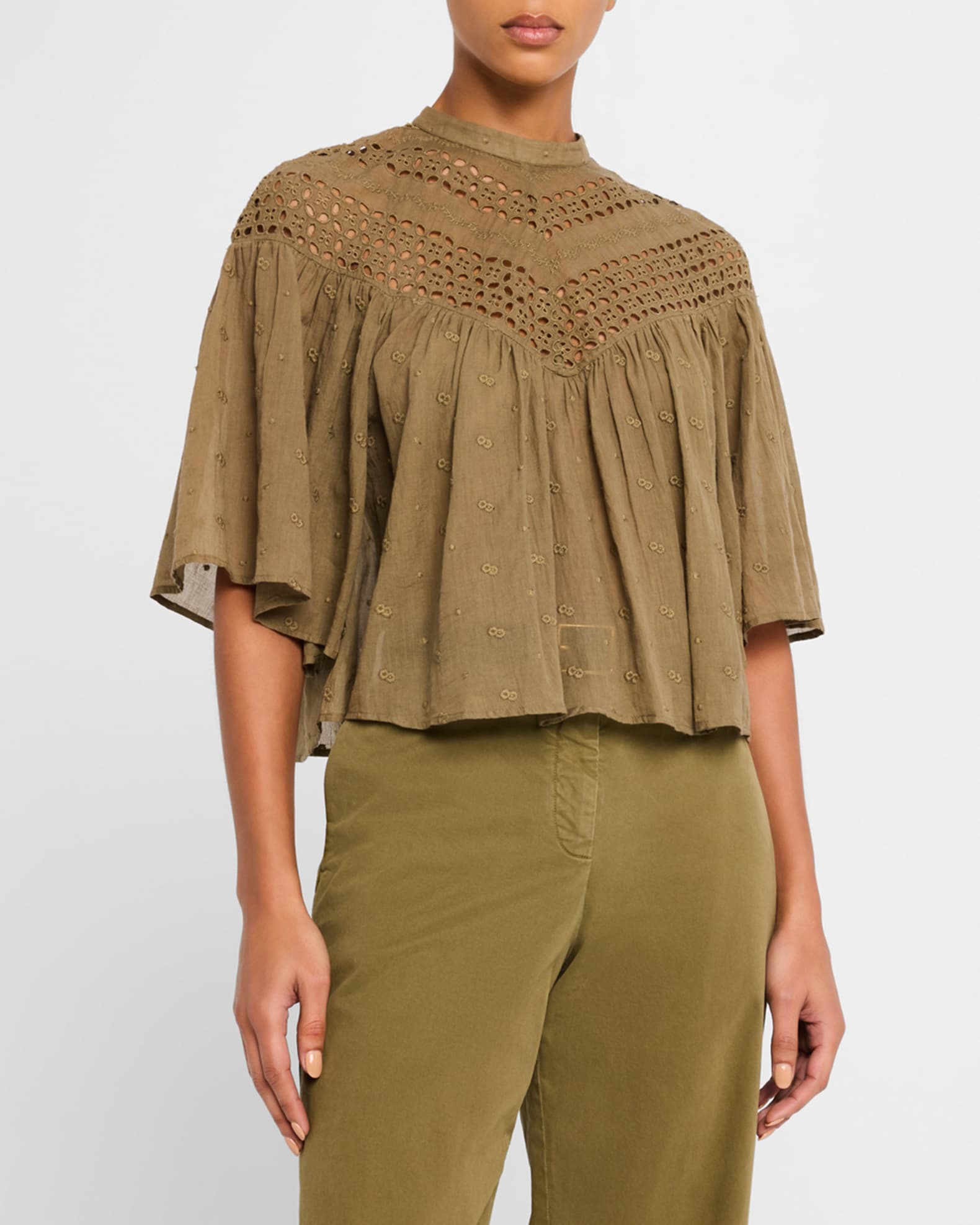 Nili Lotan Mikki Eyelet Yoke Washed Cotton Blouse | Neiman Marcus