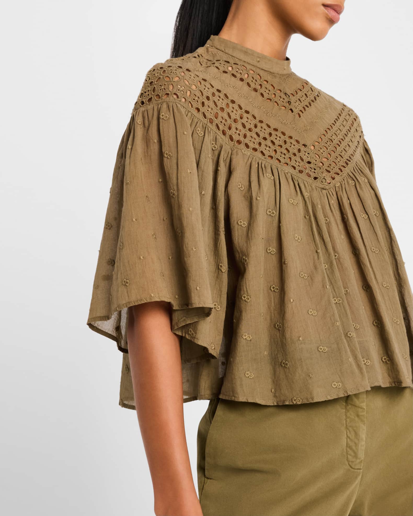 Nili Lotan Mikki Eyelet Yoke Washed Cotton Blouse | Neiman Marcus