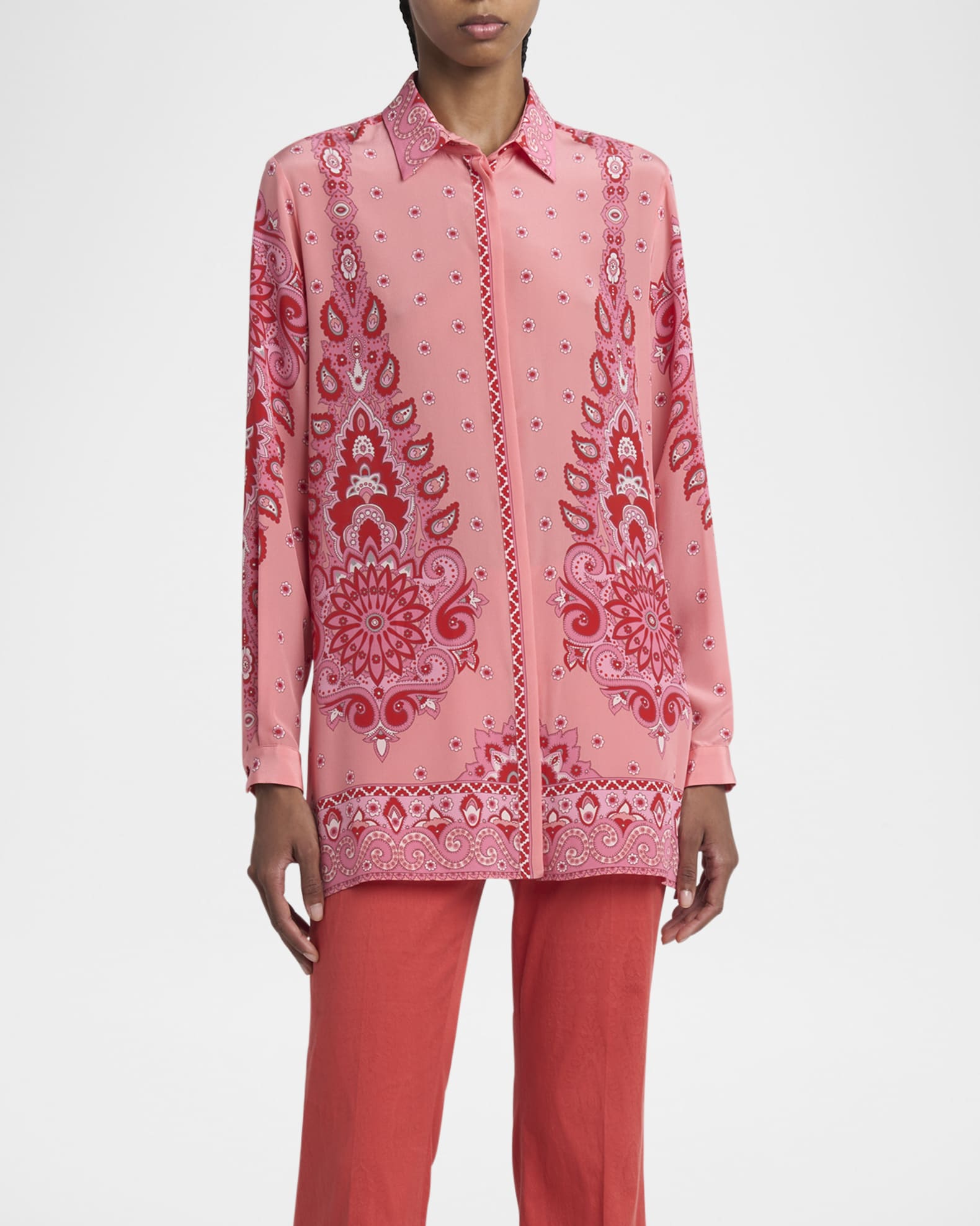 Etro Pink Medallion Silk Tunic Shirt | Neiman Marcus