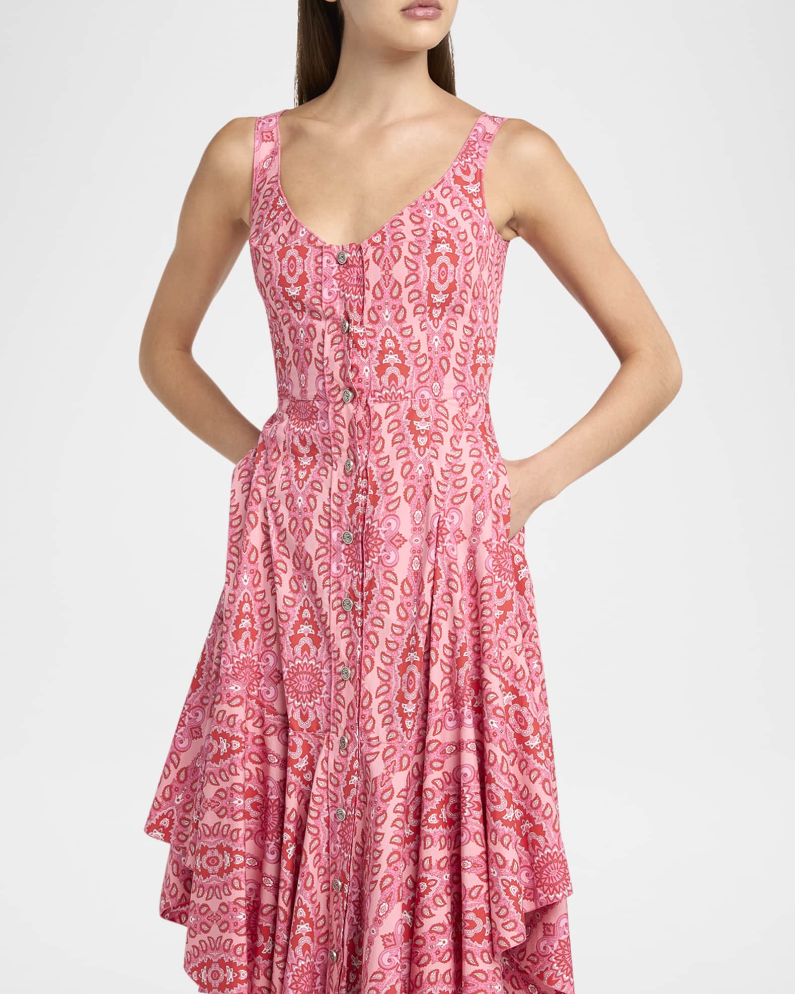 Etro Pink Medallion Button-Front Cotton Poplin Dress | Neiman Marcus