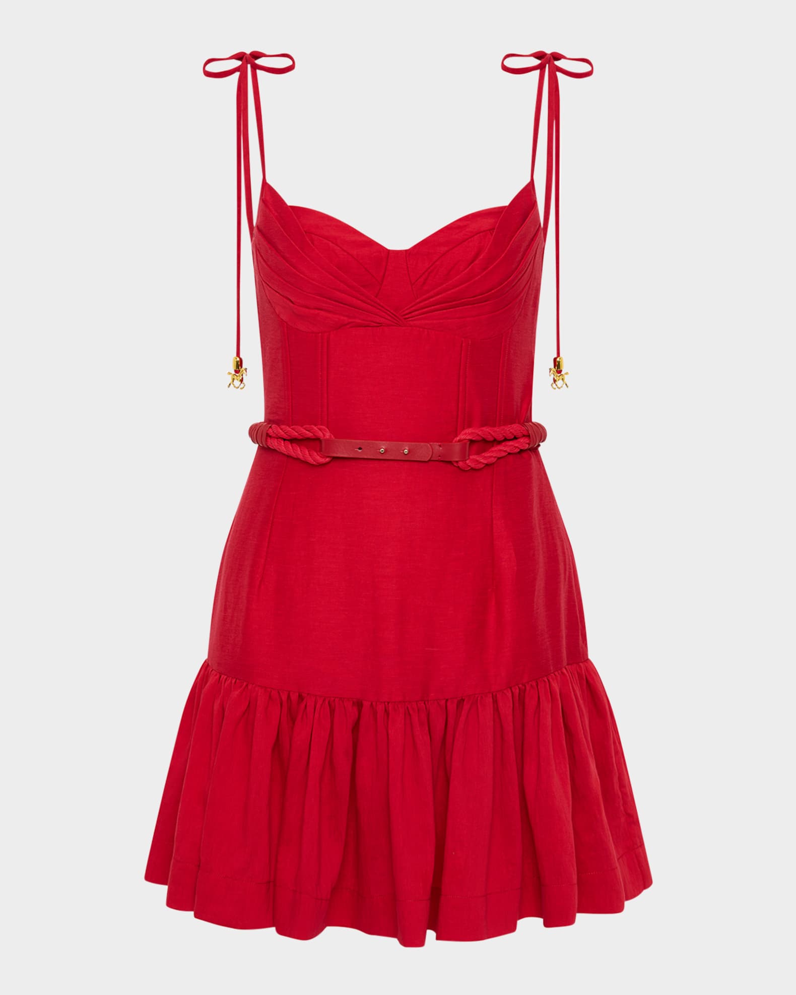 REBECCA VALLANCE Simona Belted Flounce Sweetheart Mini Dress | Neiman Marcus