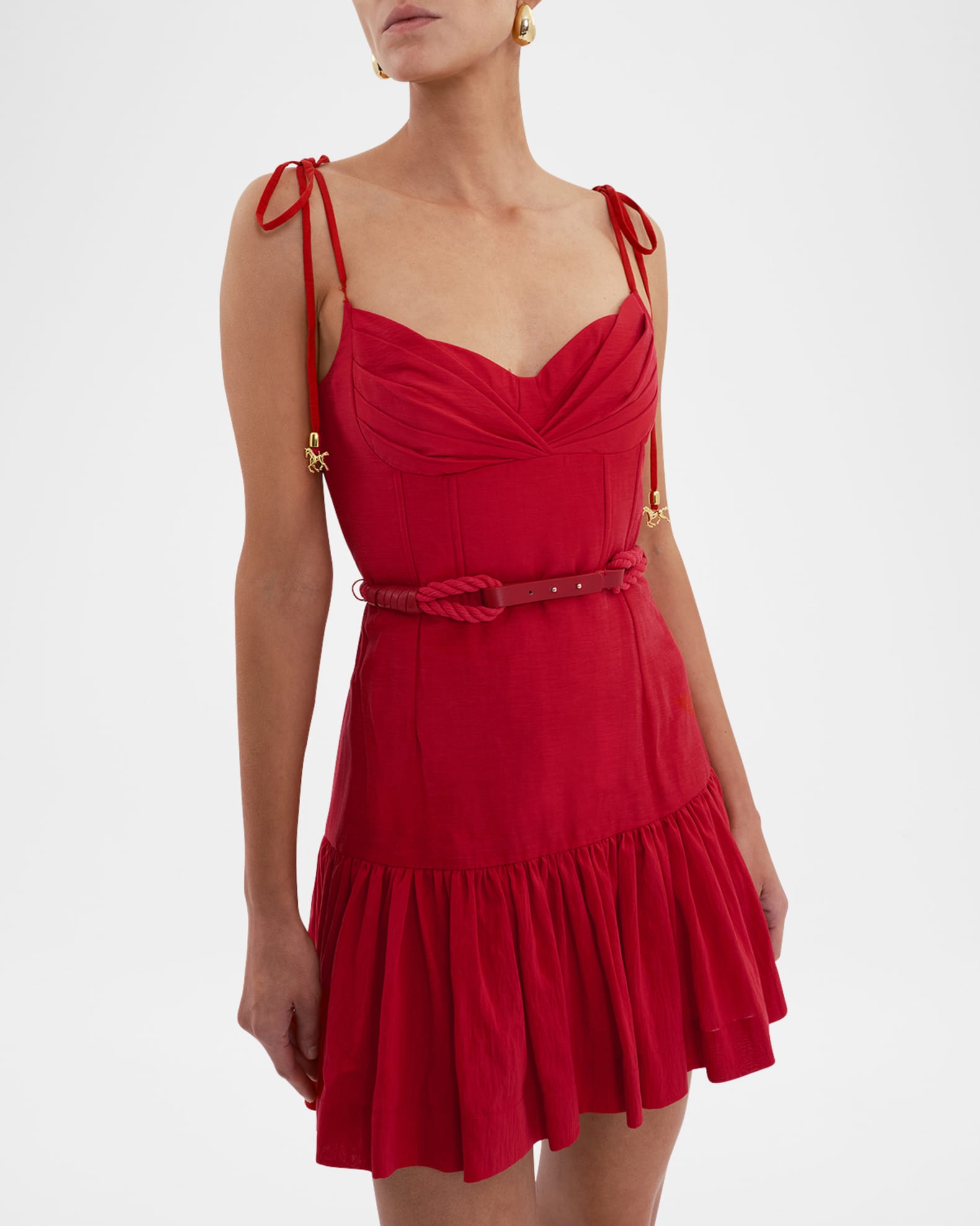 REBECCA VALLANCE Simona Belted Flounce Sweetheart Mini Dress | Neiman Marcus