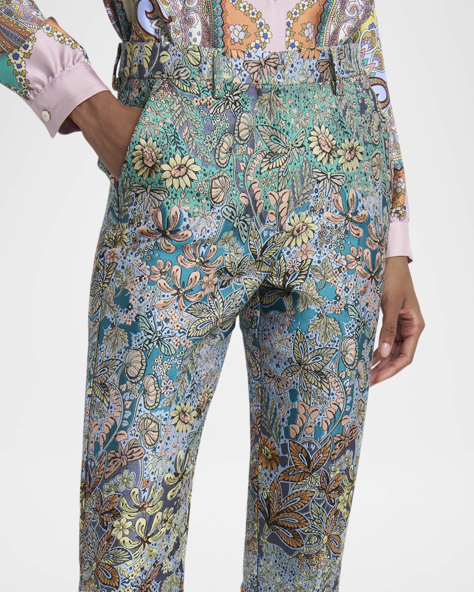 Etro Multi Garden Floral Brocade Straight-Leg Ankle Pants | Neiman Marcus