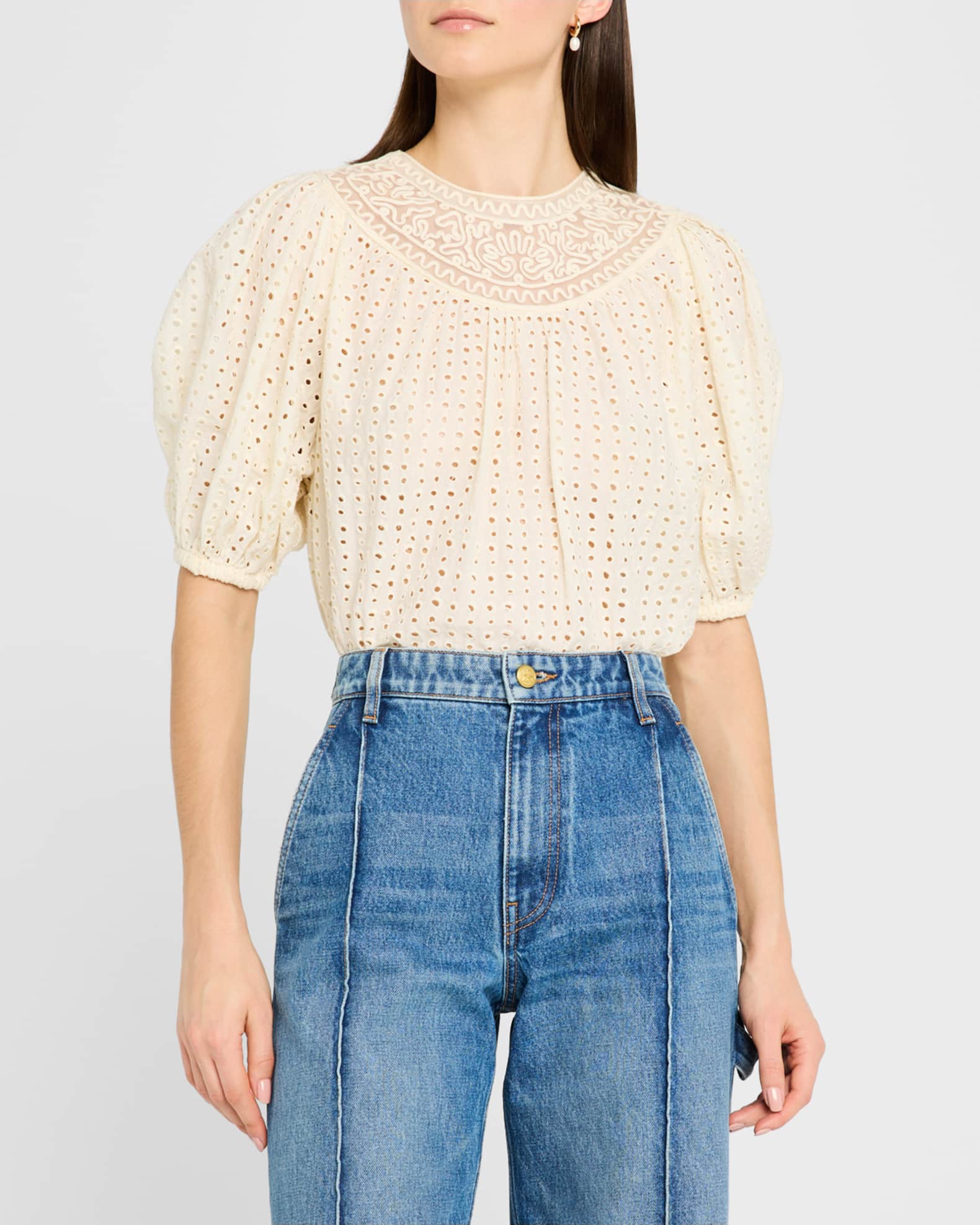 Ulla Johnson Amina Eyelet Puff-Sleeve Top | Neiman Marcus