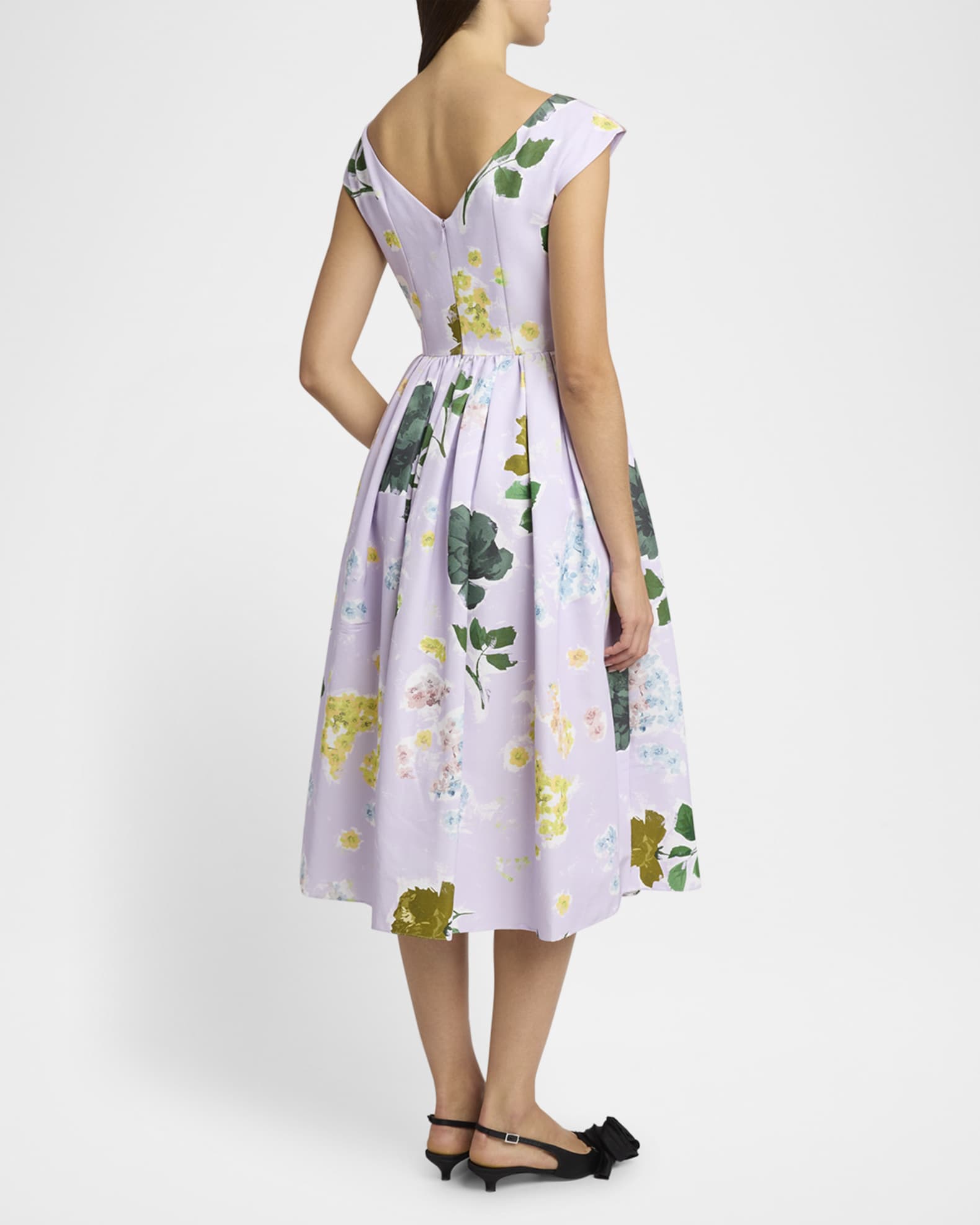 Erdem Boat-Neck Floral-Print Pleated Midi Dress | Neiman Marcus