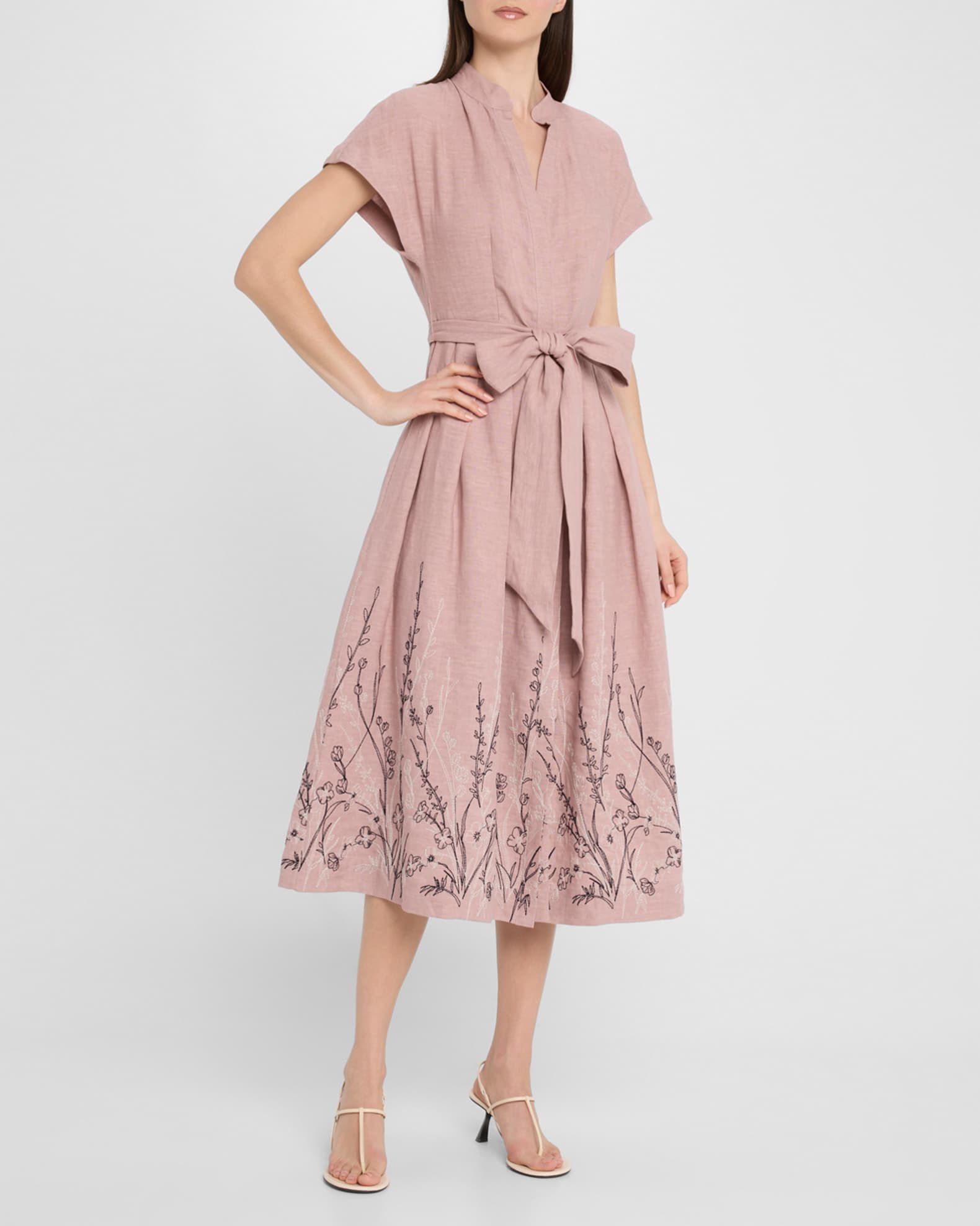 Eleventy Floral-Embroidered Linen Midi Dress | Neiman Marcus