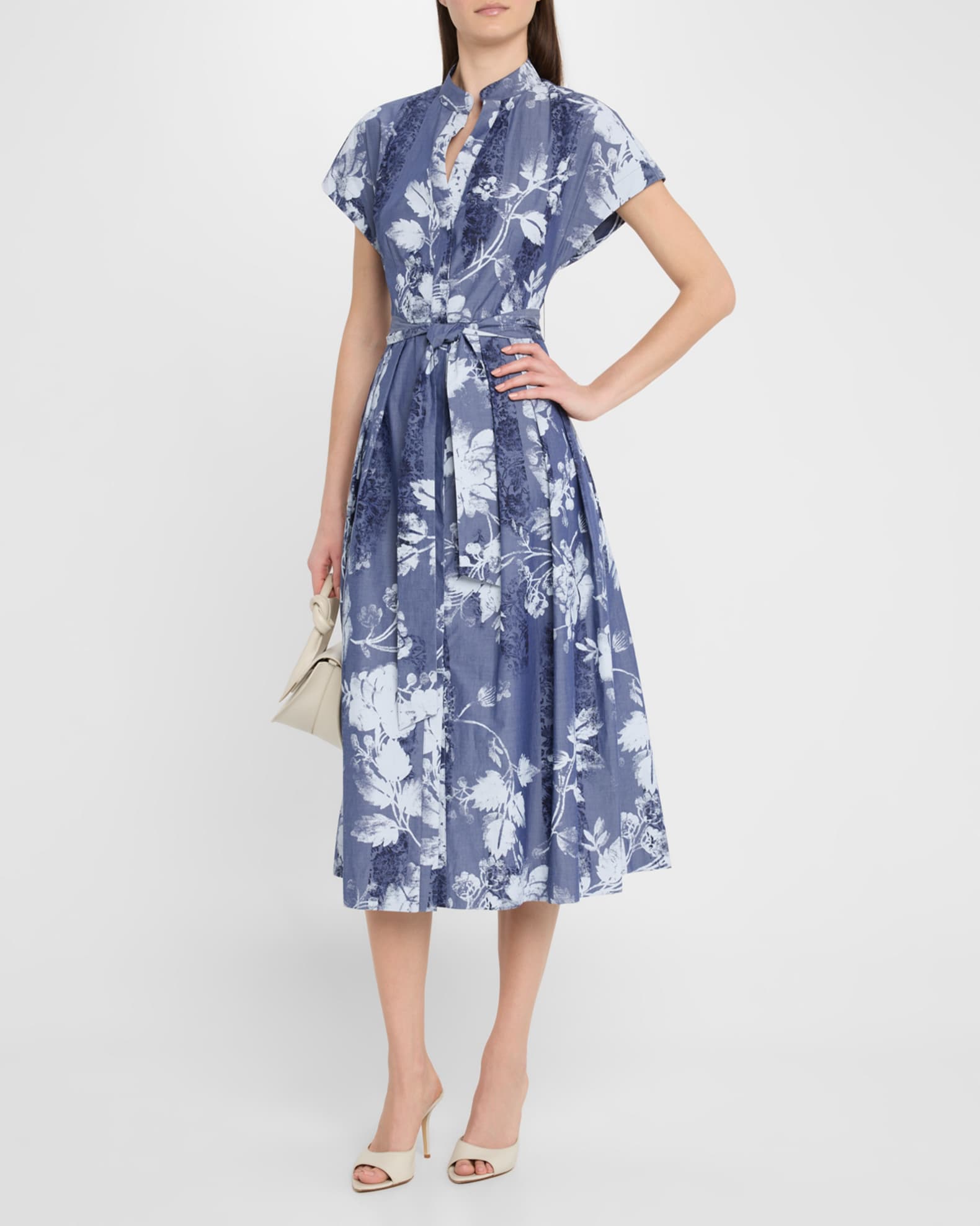Eleventy Pleated Floral-Print Cotton Midi Dress | Neiman Marcus