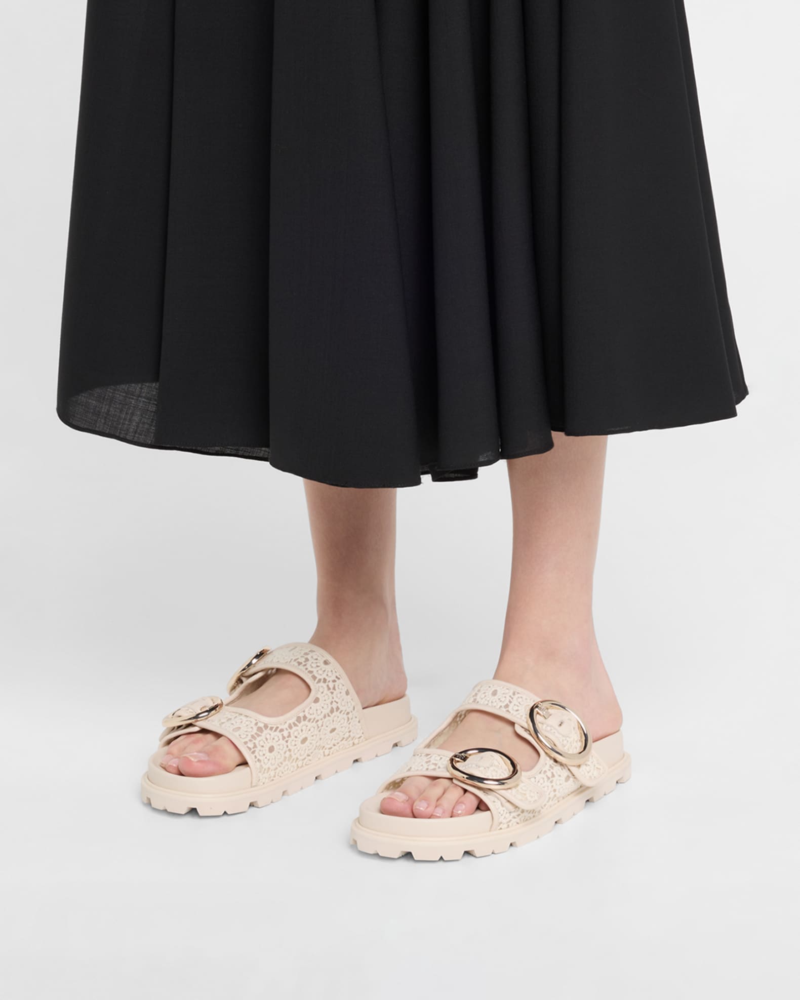 Stuart Weitzman Benni Lace Double-Buckle Slide Sandals | Neiman Marcus