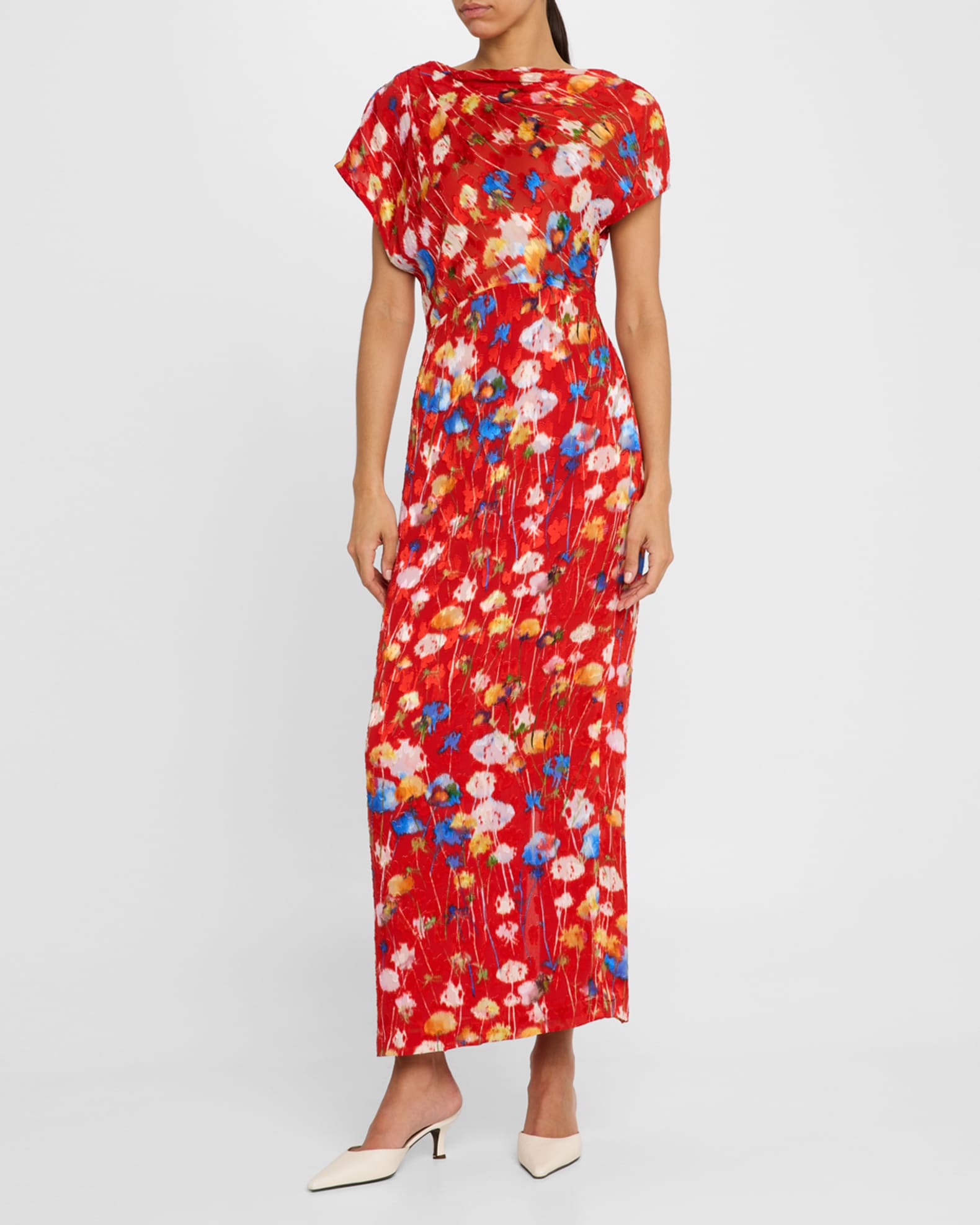 Lela Rose Floral Jacquard Draped-Shoulder Ankle Sheath Dress | Neiman ...