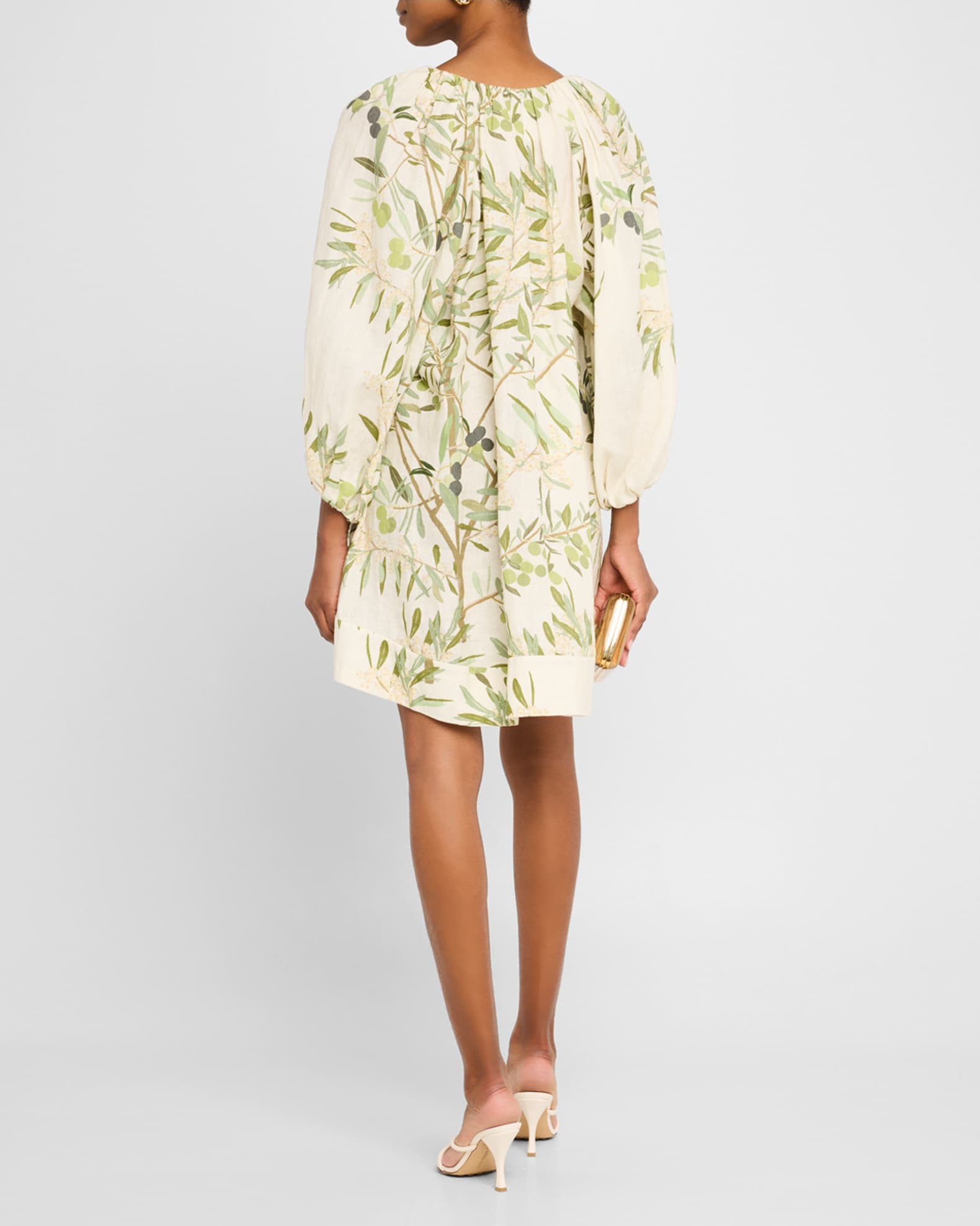 BERNADETTE Flowy Puff-Sleeve Printed Linen Mini Dress | Neiman Marcus