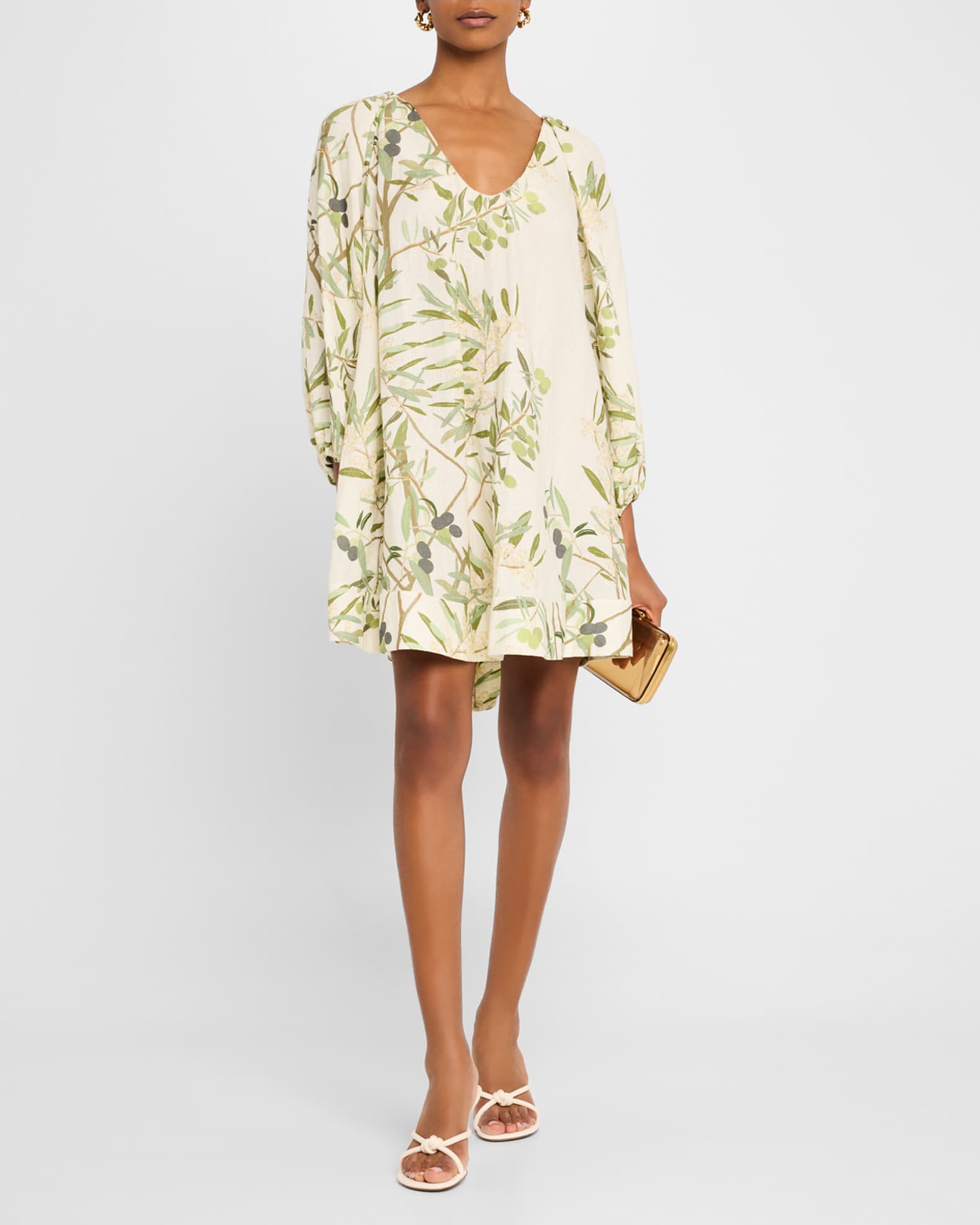 BERNADETTE Flowy Puff-Sleeve Printed Linen Mini Dress | Neiman Marcus