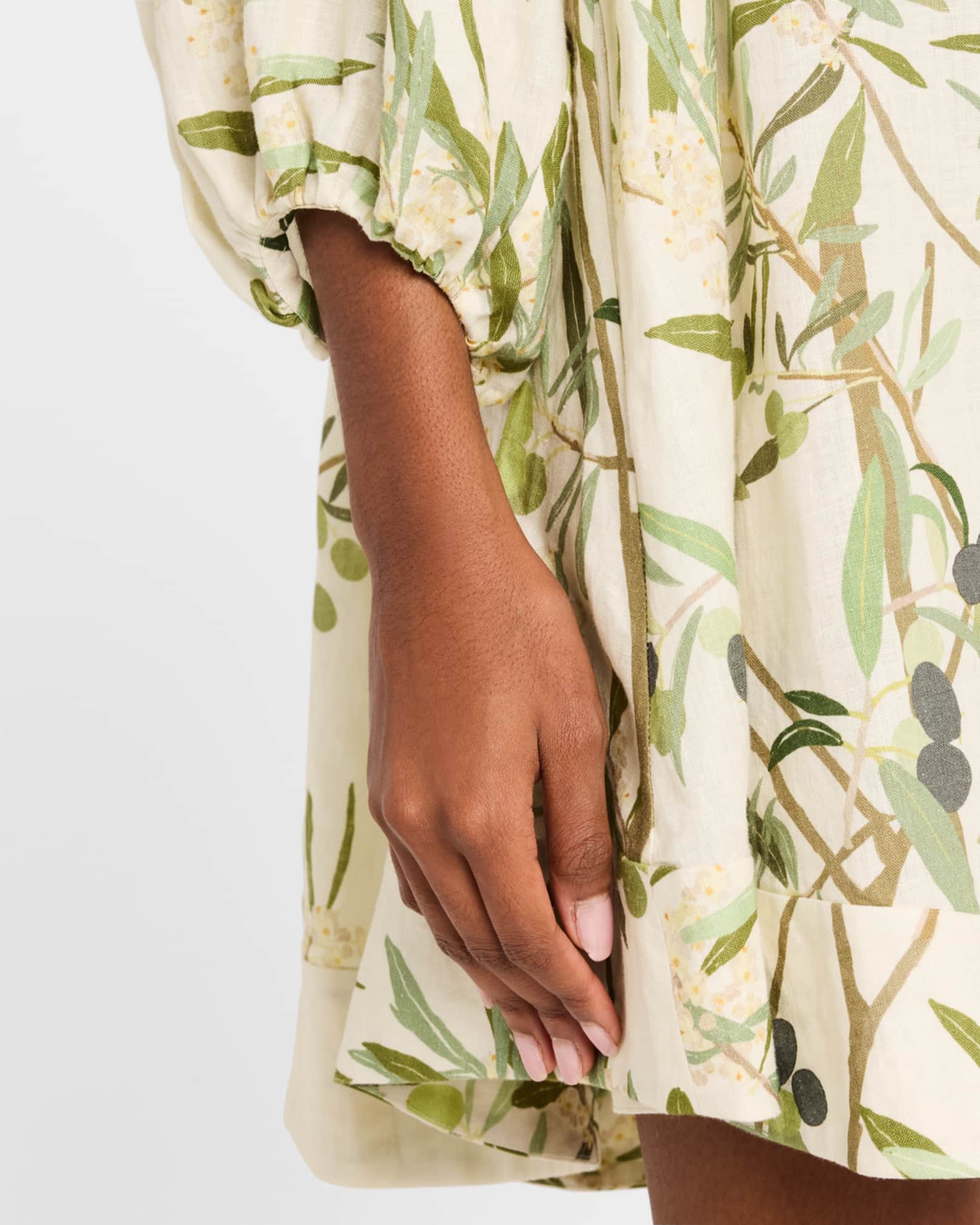 BERNADETTE Flowy Puff-Sleeve Printed Linen Mini Dress | Neiman Marcus