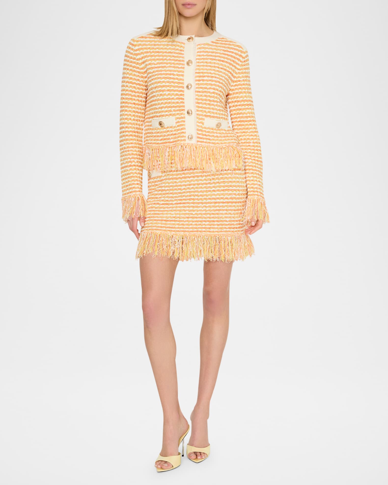Milly Fringed Tweed Knit Cardigan Jacket | Neiman Marcus