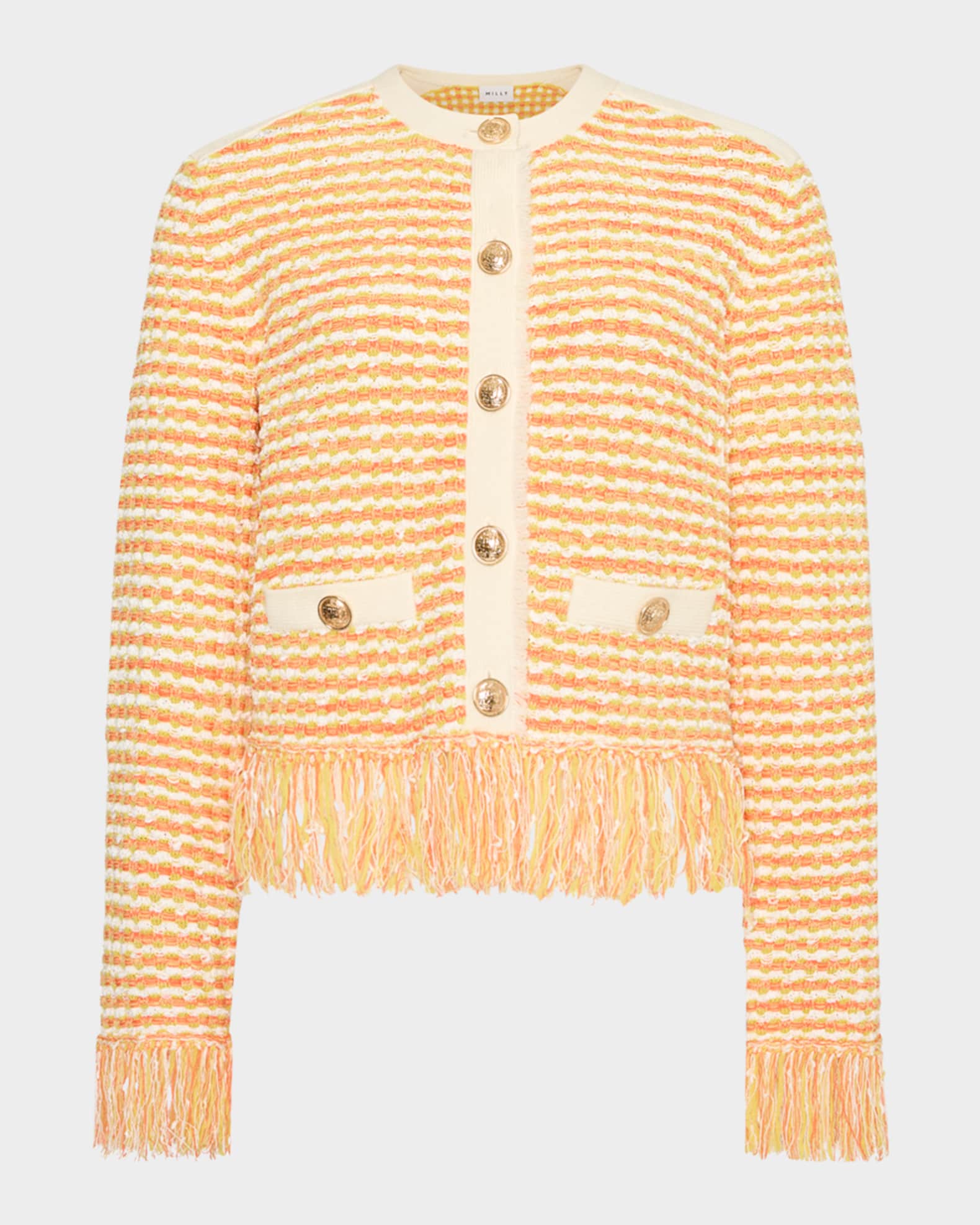 Milly Fringed Tweed Knit Cardigan Jacket | Neiman Marcus