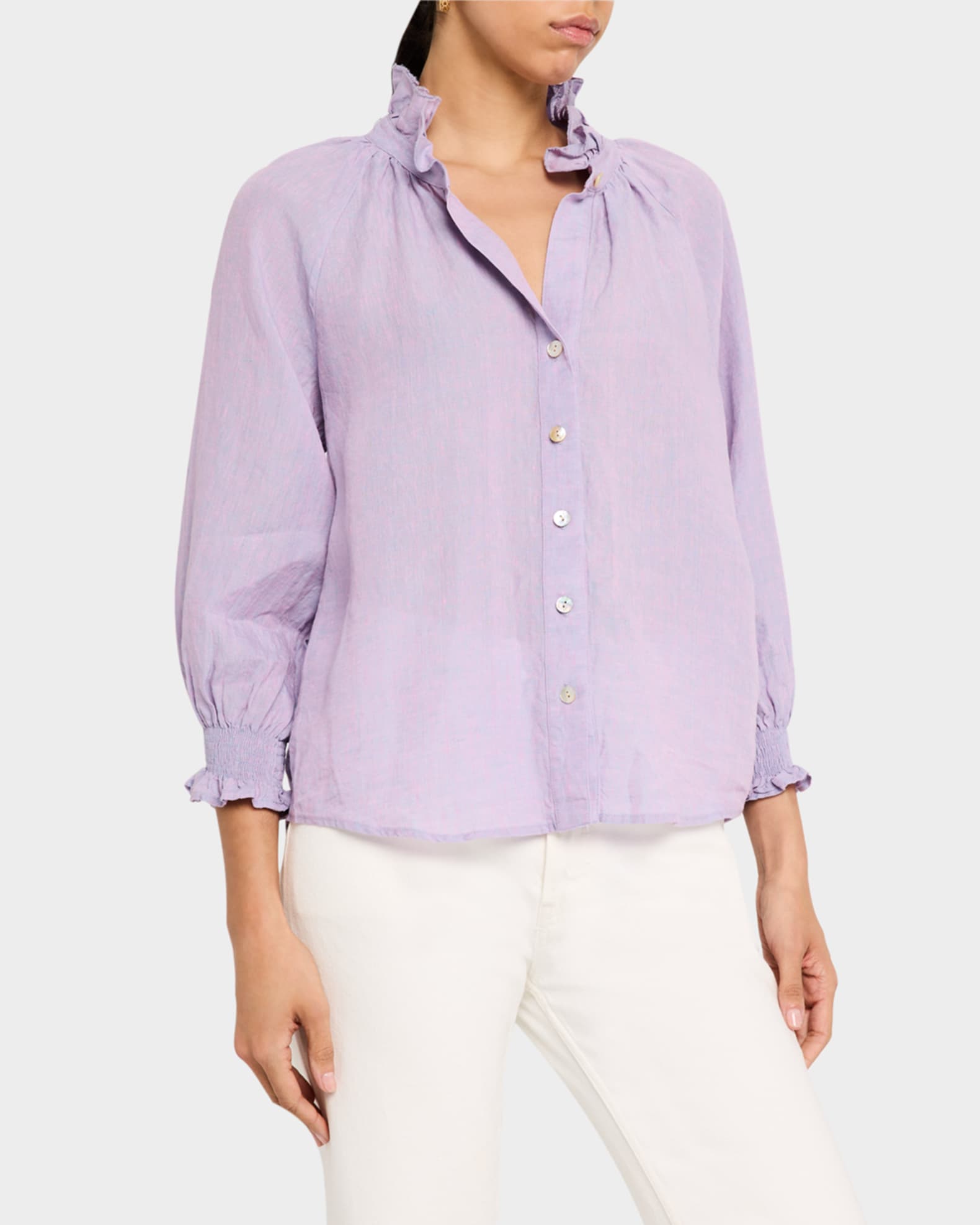 Finley Fiona Ruffle-Trim Linen Chambray Shirt | Neiman Marcus