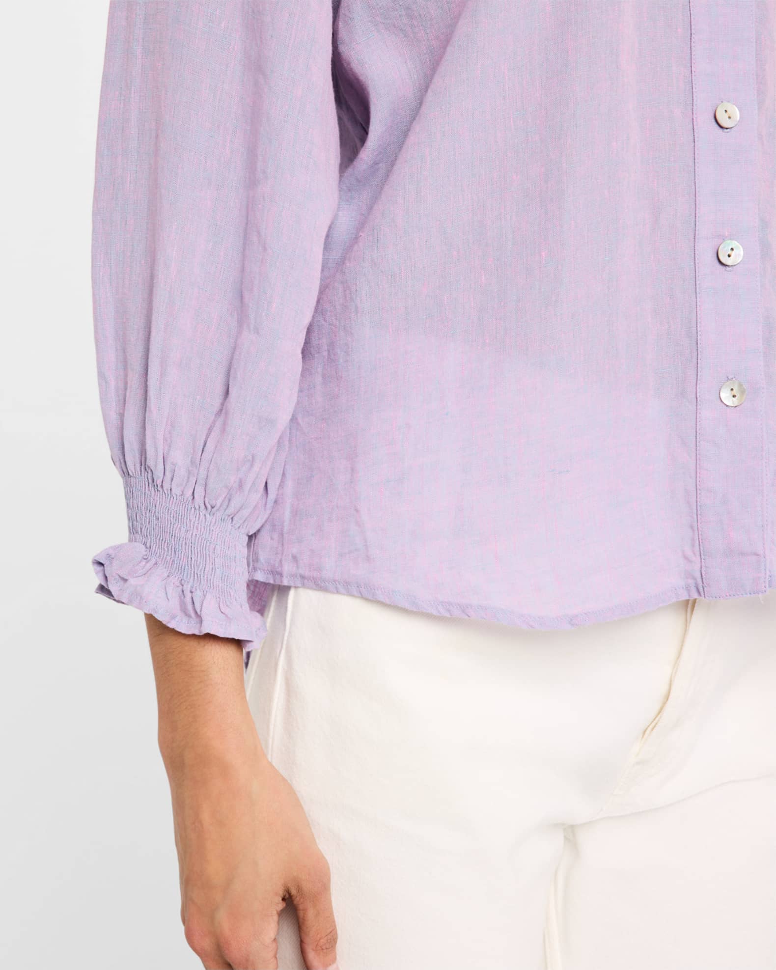 Finley Fiona Ruffle-Trim Linen Chambray Shirt | Neiman Marcus