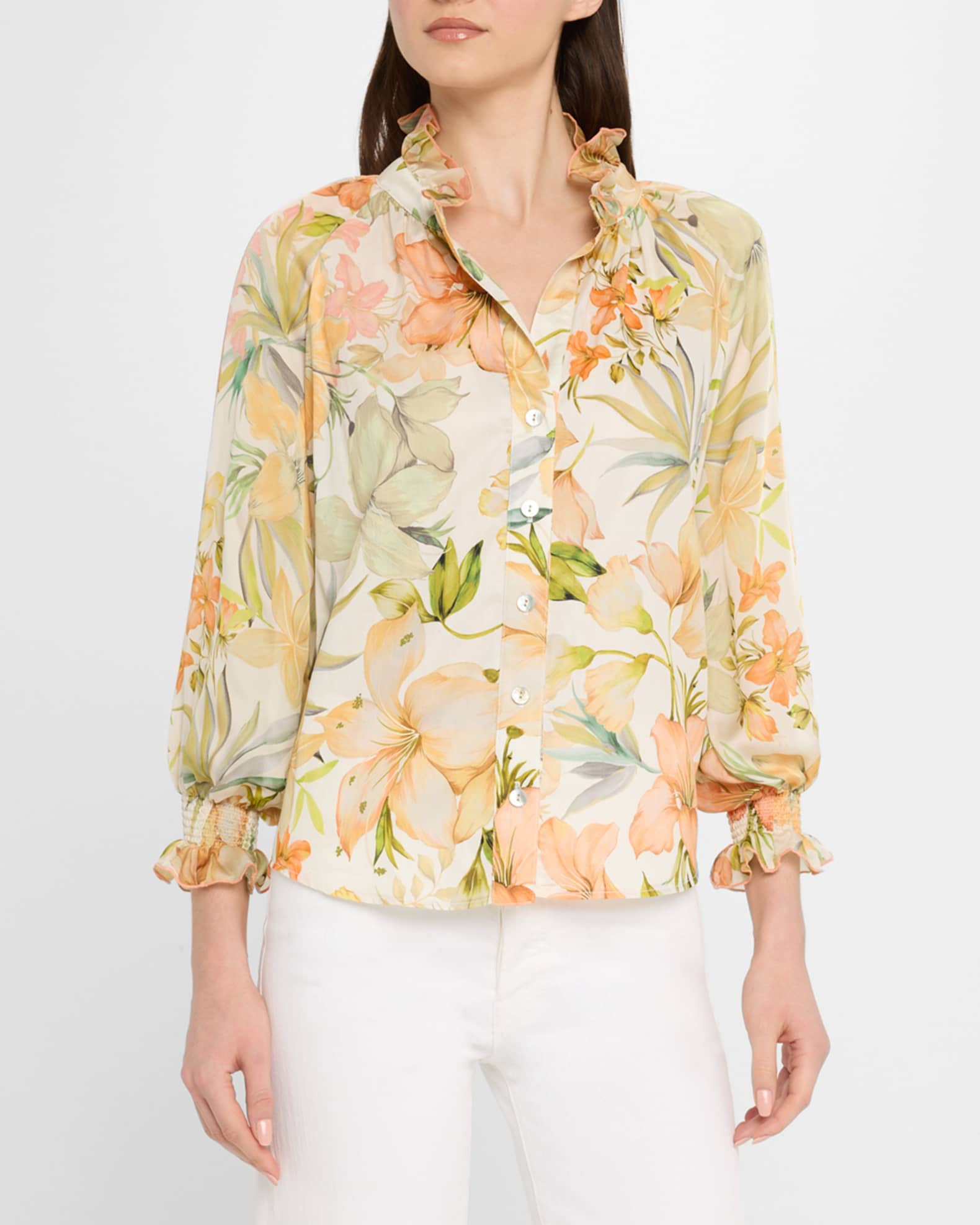 Finley Fiona Floral-Print Ruffle Blouse | Neiman Marcus